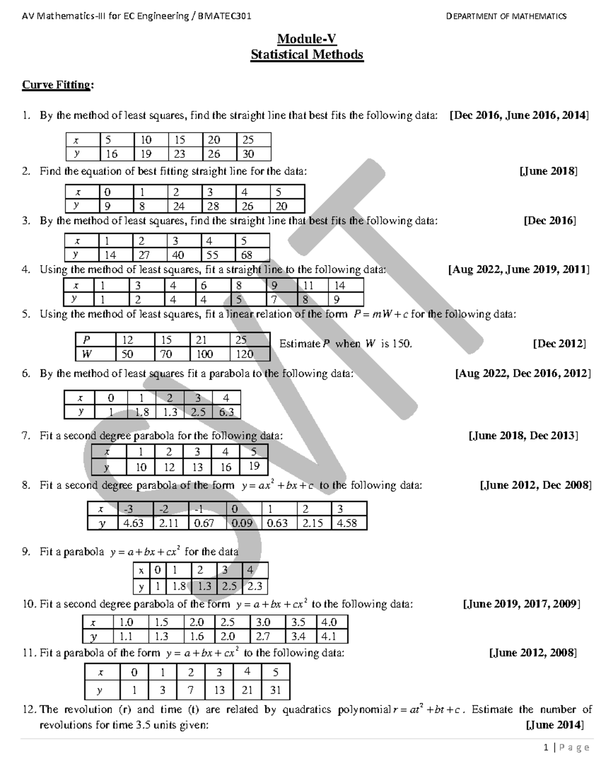 Module 5 QB - Curve Fitting, Correlation & Regression Questions Bank - Studocu