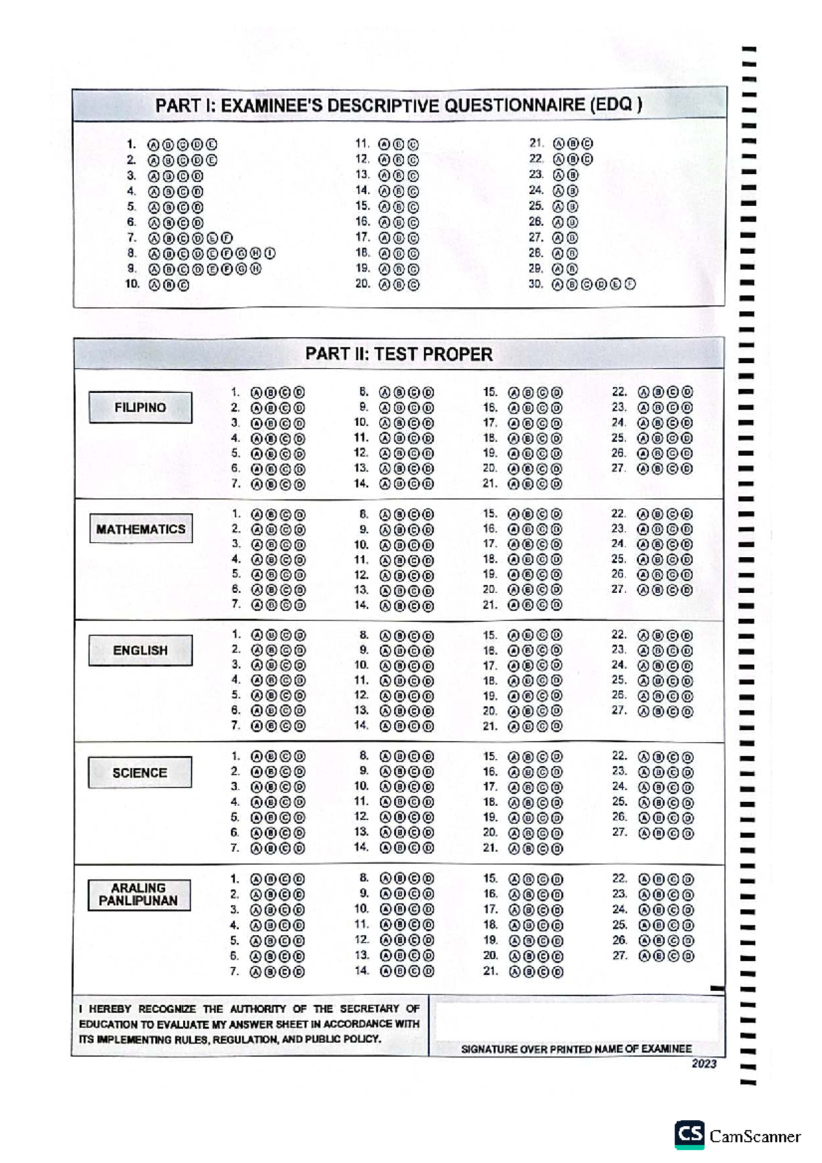 NAT Answer Sheet Reviewer for EDQ and Subject Tests - Studocu