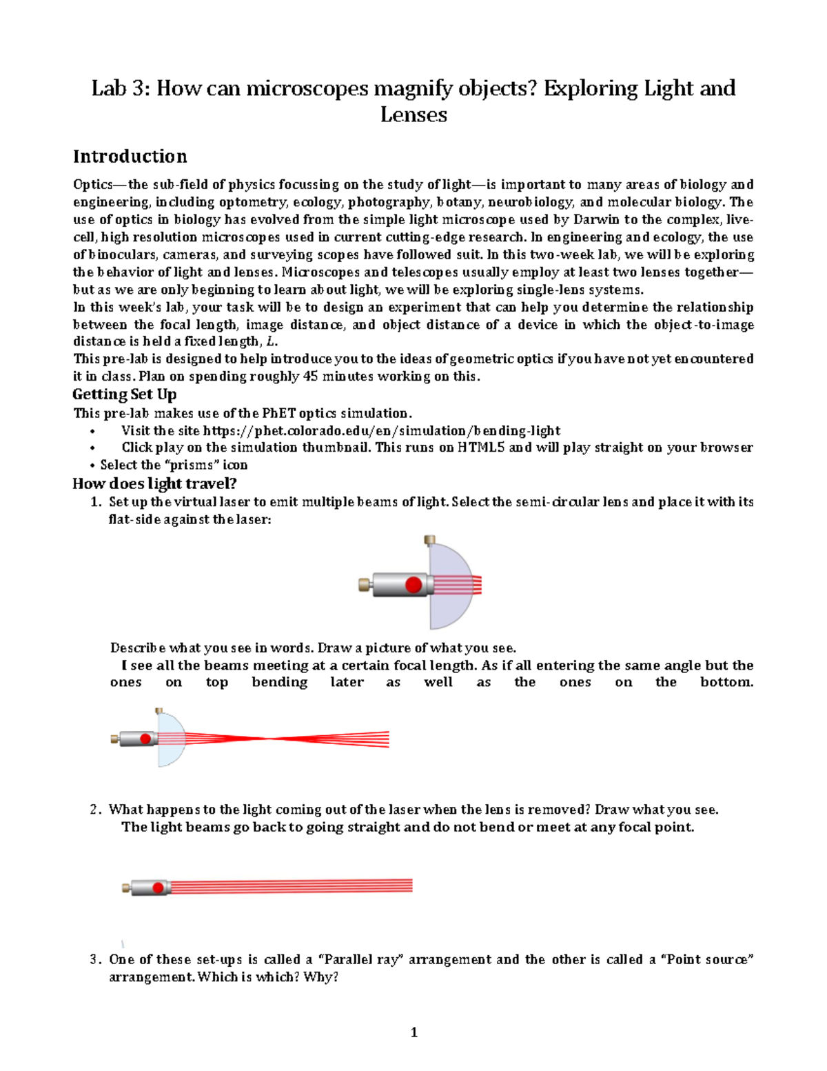 Physics Optics Pre Lab - Pre lab answers - 1 Lab 3: How can microscopes magnify objects ...
