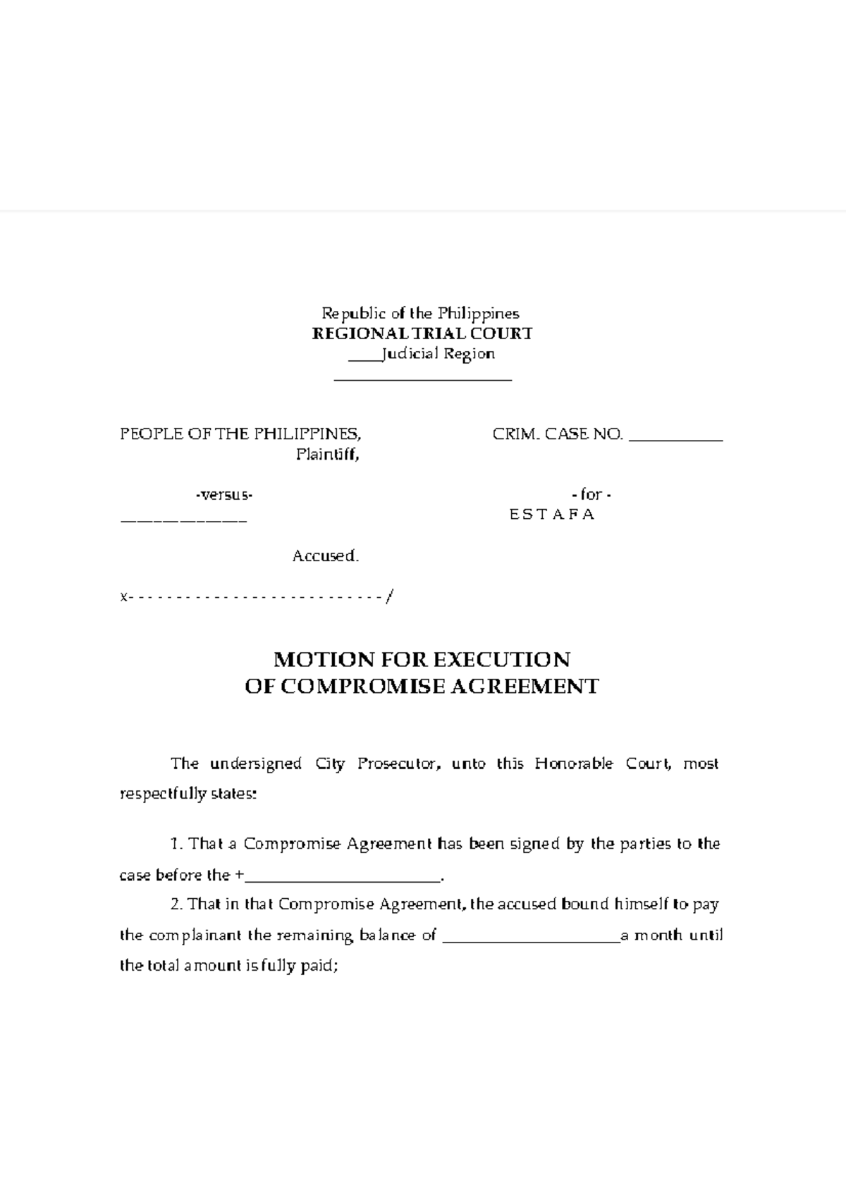 Sample Motion for Execution of Compromise Agreement in Criminal Case ...