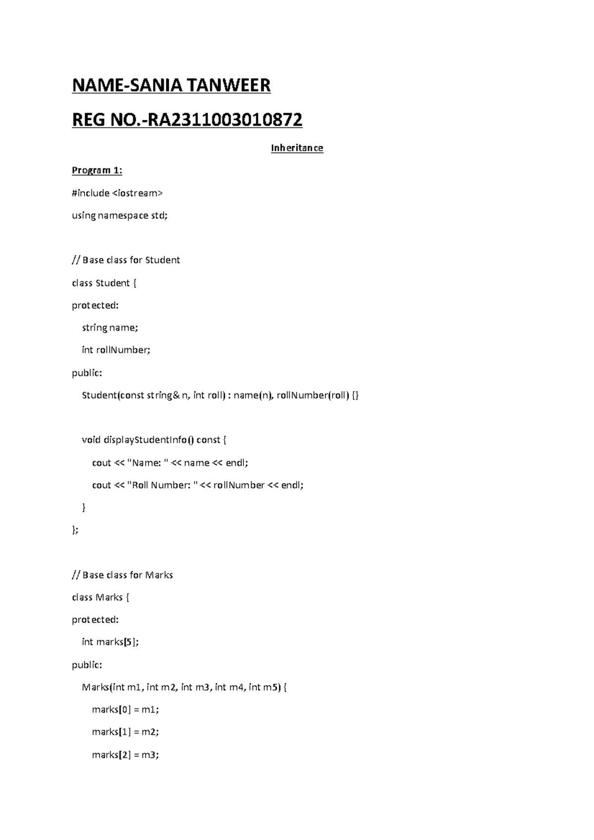 Unit 3 - Week 1 - lab - NAME-SANIA TANWEER REG NO.-RA Inheritance Program 1: #include - Studocu