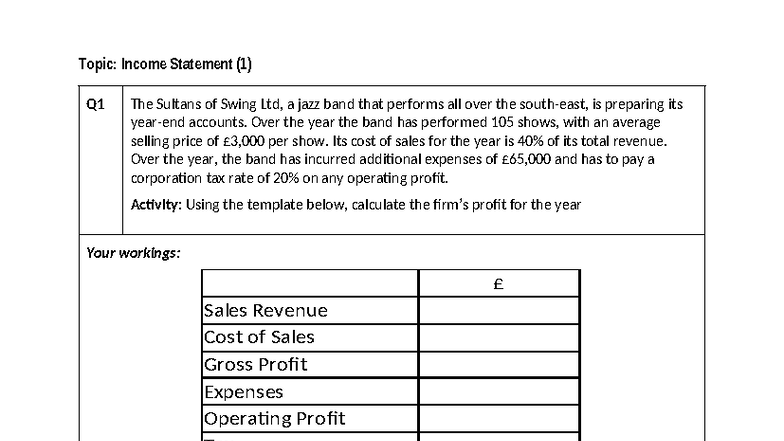 AQA A Level Business Income Statement Calculation Practice Sheets - Studocu