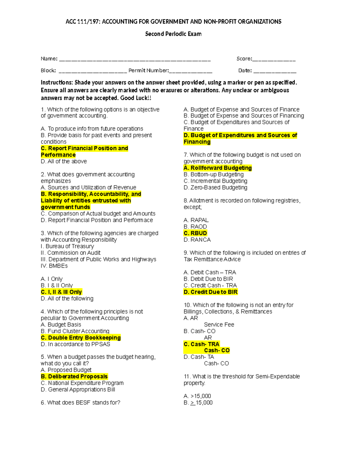 ACC 111197 Government Accounting Second Periodic Exam Answer Key - Studocu