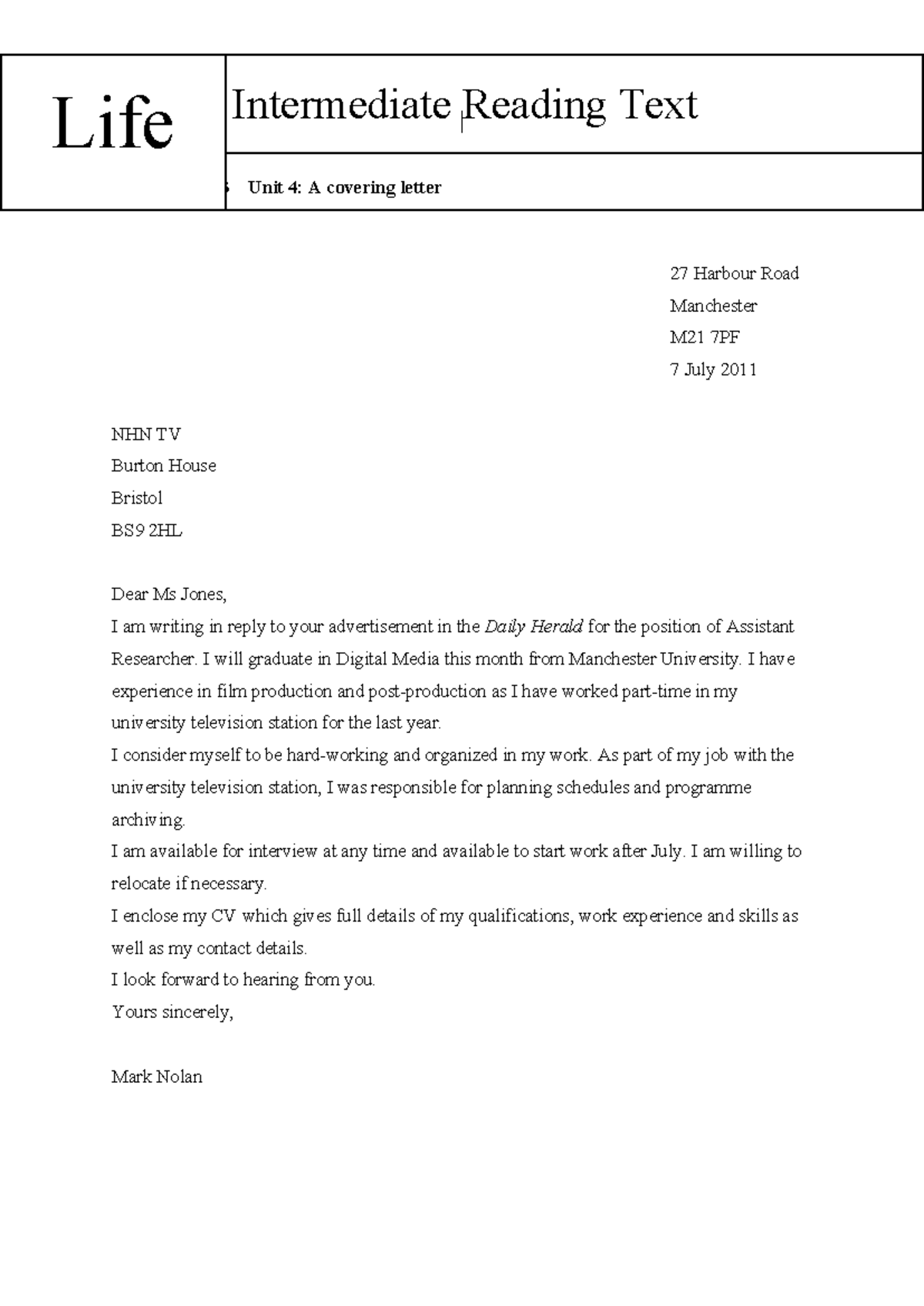 Intermediate Unit 4 Reading Text: Covering Letter Example - Studocu