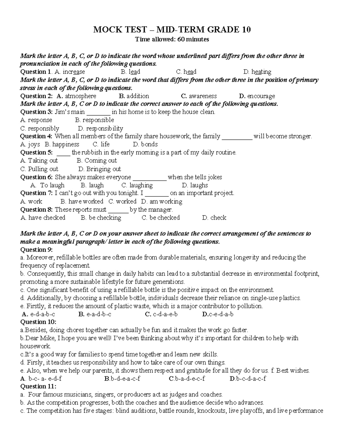 Midterm Mock Test Grade 10 - Comprehensive Practice Exam Questions ...