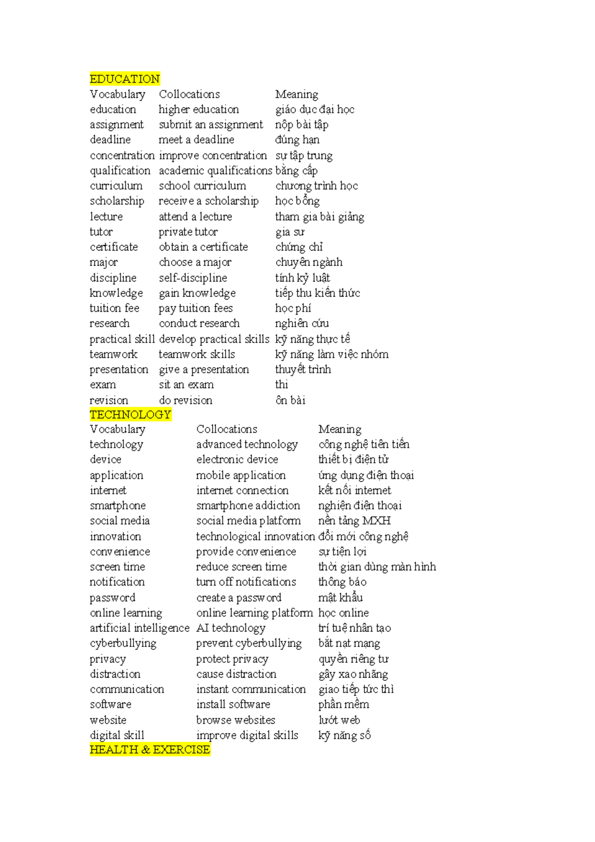 Vocabulary Collocations for B2 Level - EDUCATION, TECHNOLOGY, HEALTH ...