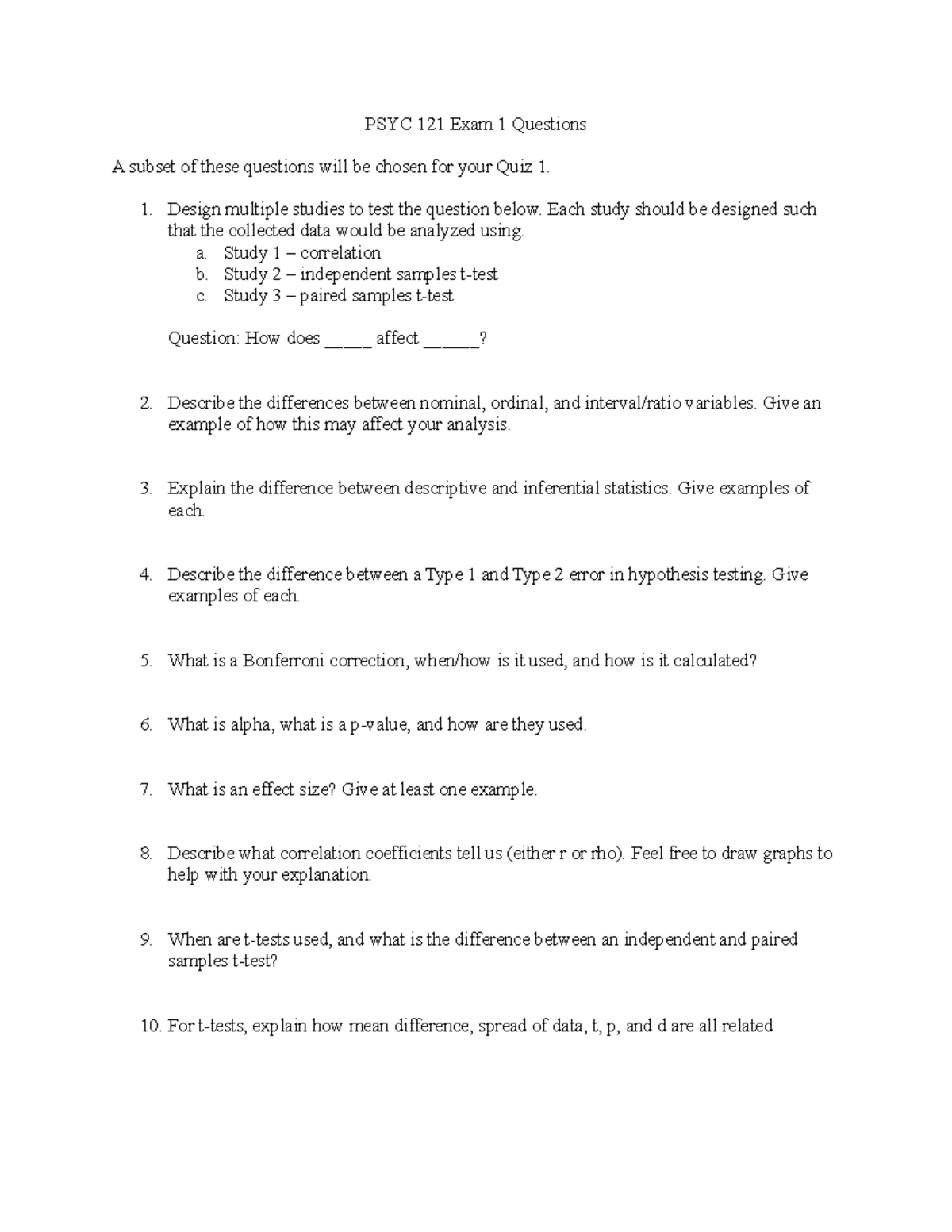 PSYC 121 Exam 1 Questions - Studocu