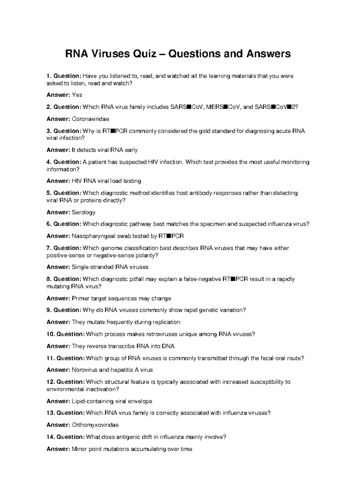 RNA Viruses Quiz Q&A - Study Notes for Course Code 101 - Studocu