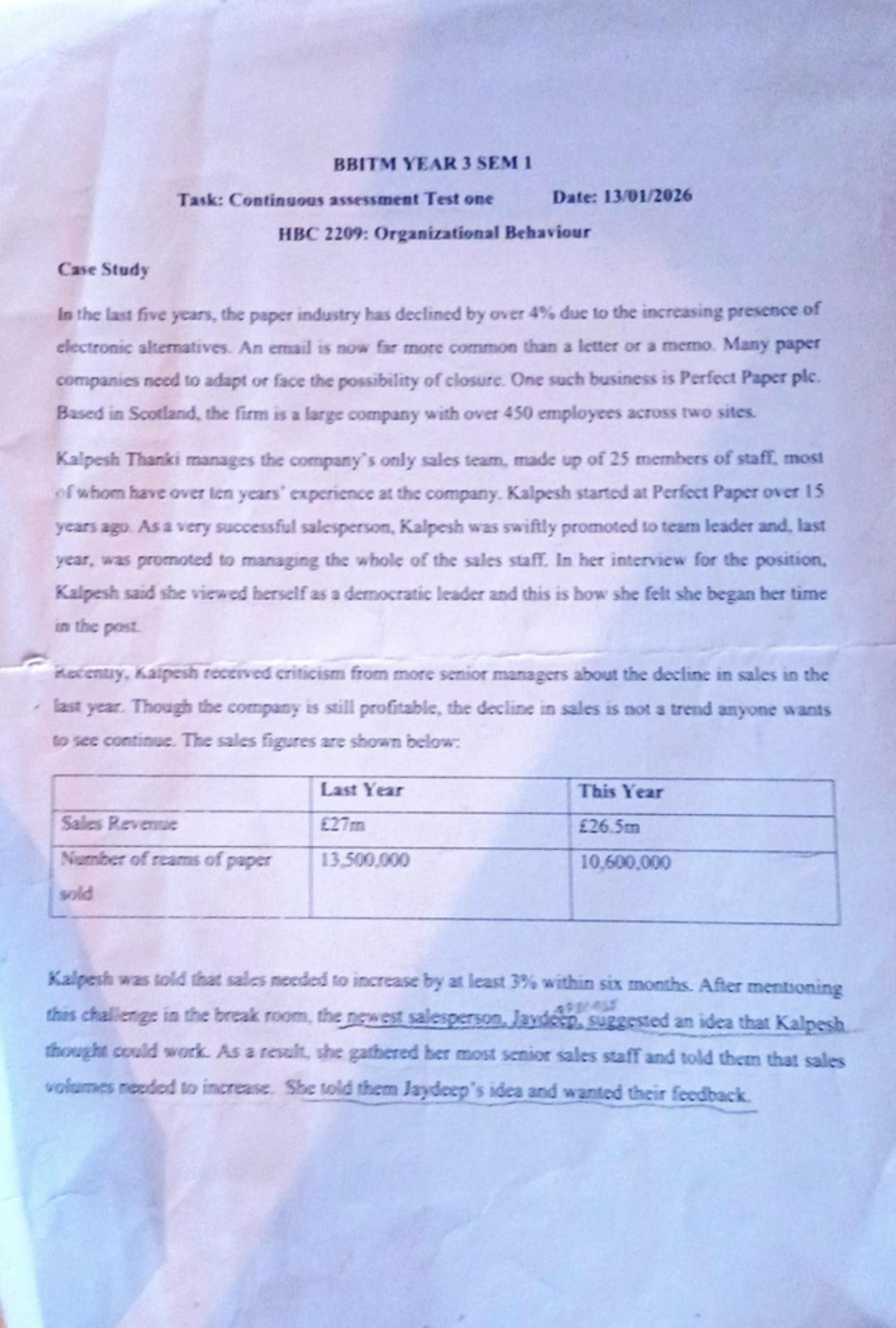 BBITM Year 3 SEM: Case Study on Organizational Behaviour HBC 2209 - Studocu