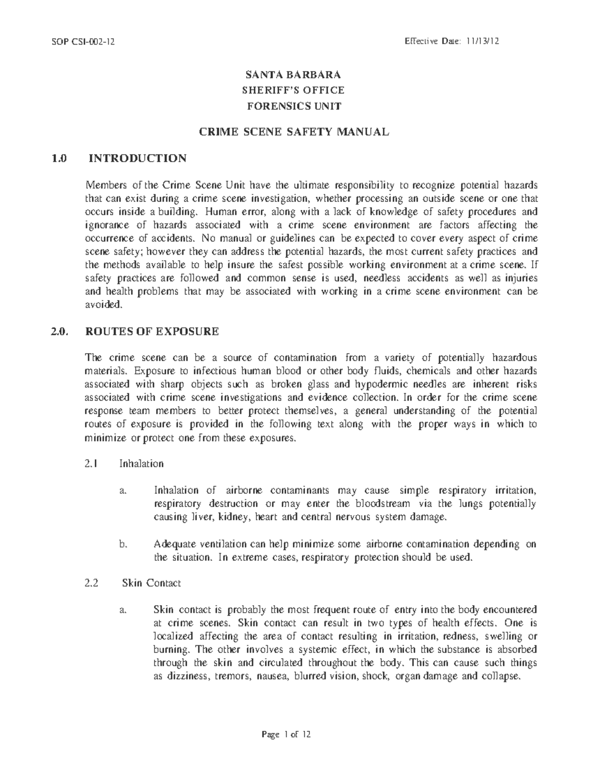 Crime Scene Safety Procedures Manual - SOP CSI-002-12 - SANTA BARBARA ...