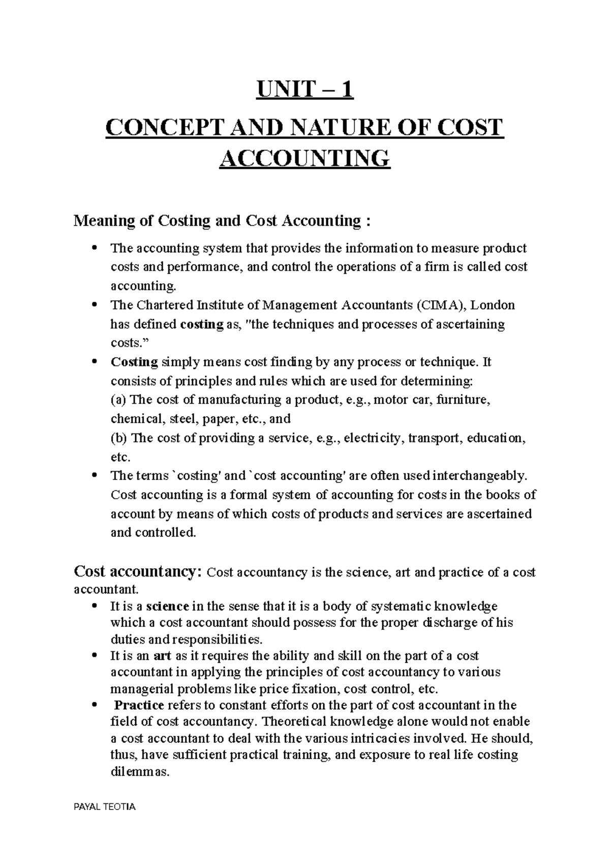 UNIT 1: Concepts and Nature of Cost Accounting Notes - Studocu