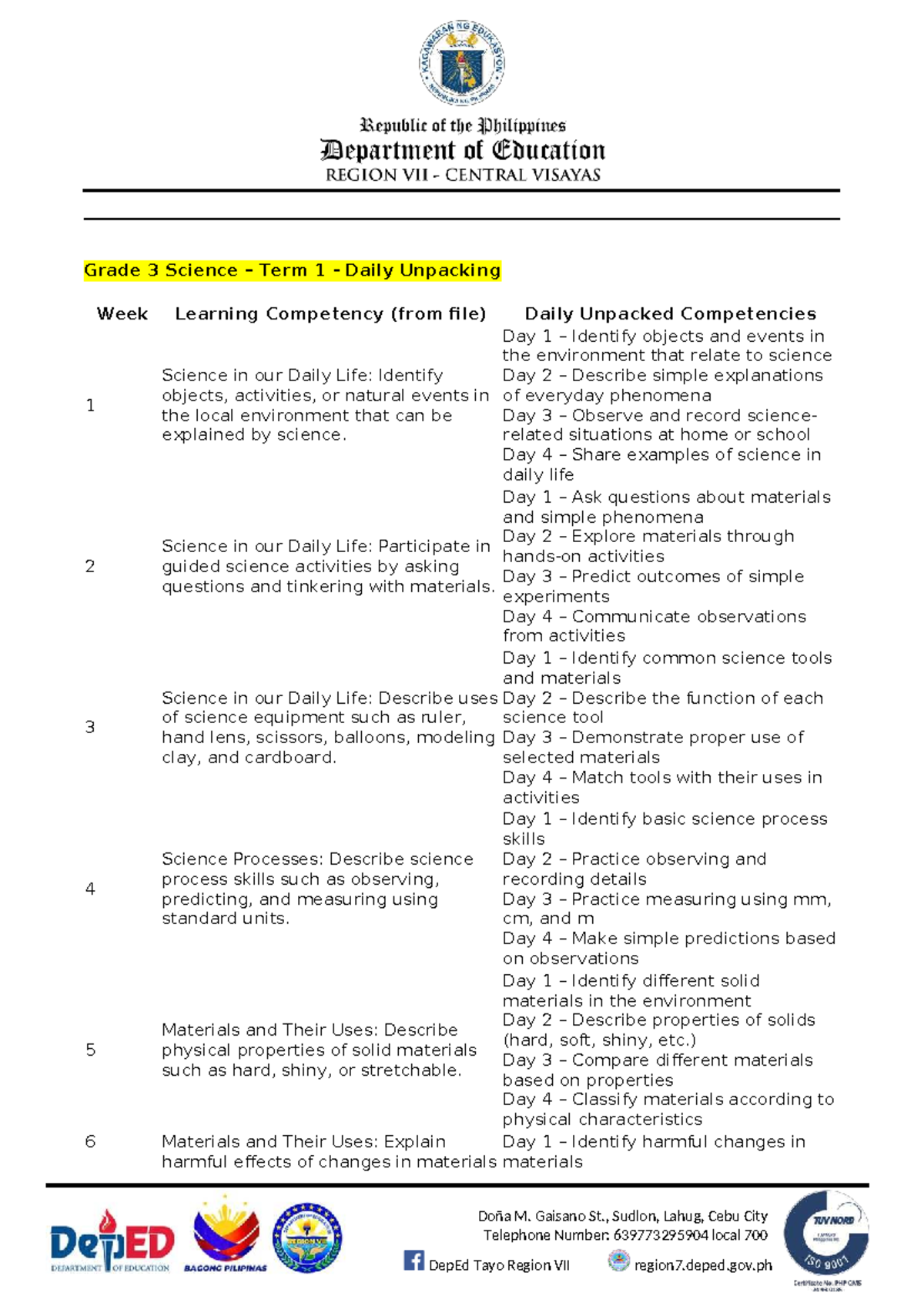 Grade 3 Science Daily Unpacking Competencies (Term 1-3) - Studocu
