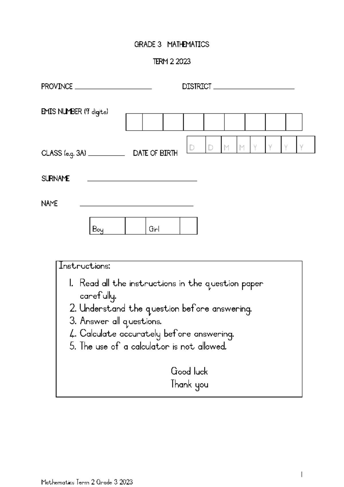 Mathematics Assessment Term 2 (Grade 3) - 2023 Guide - Studocu