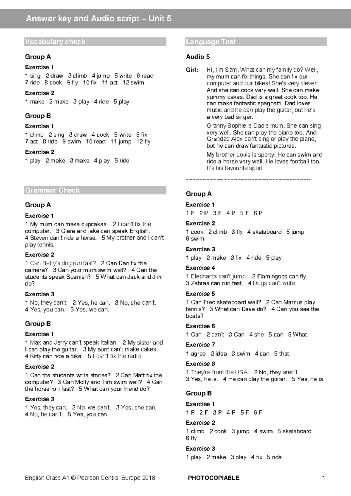 ECA1 Tests Answer Key & Audio Script Unit 5 Vocabulary 2018 - Studocu
