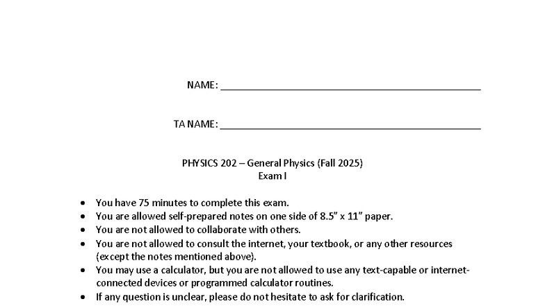 Solutions for Exam I - PHY 202 - General Physics (Fall 2025) - Studocu
