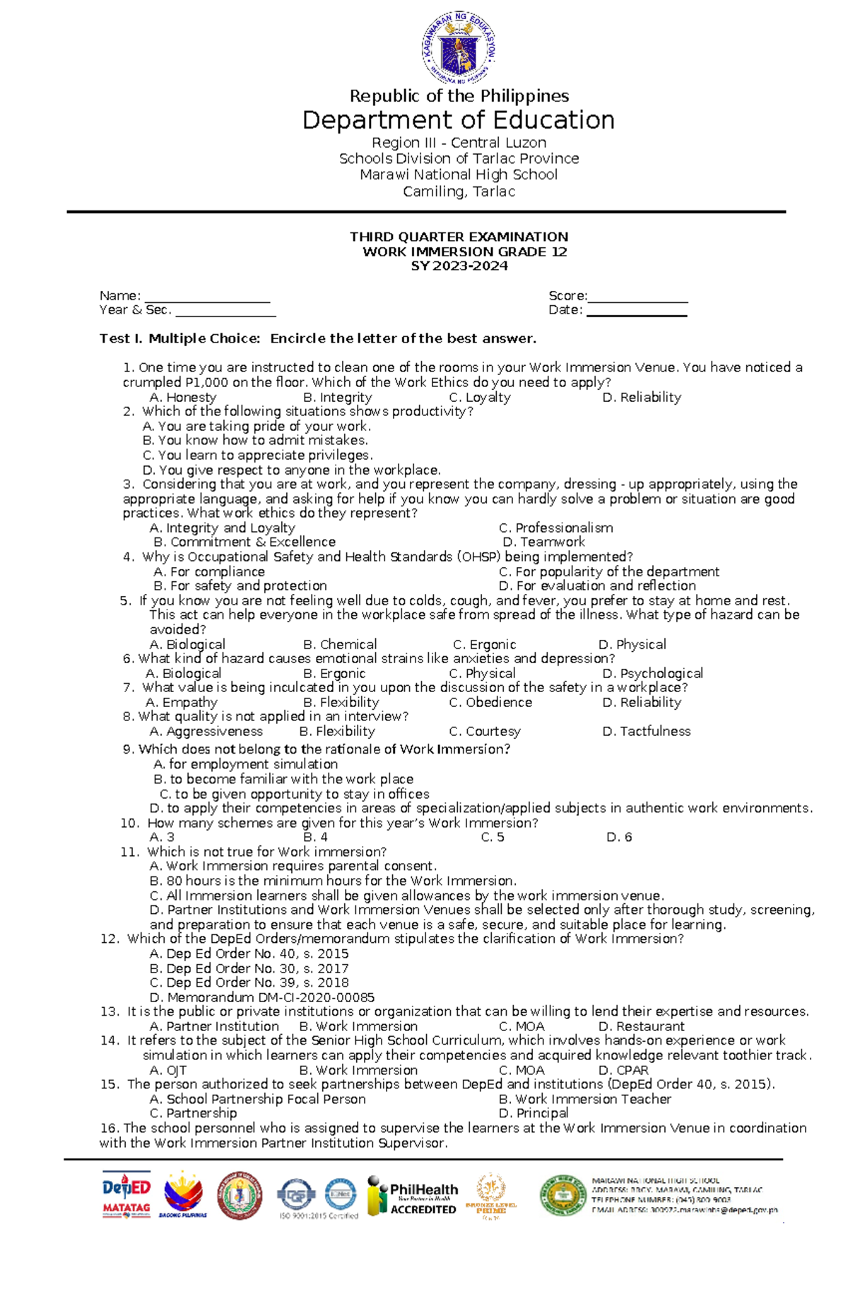 Work Immersion Third Quarter Exam G - SY 2023-2024 - Studocu