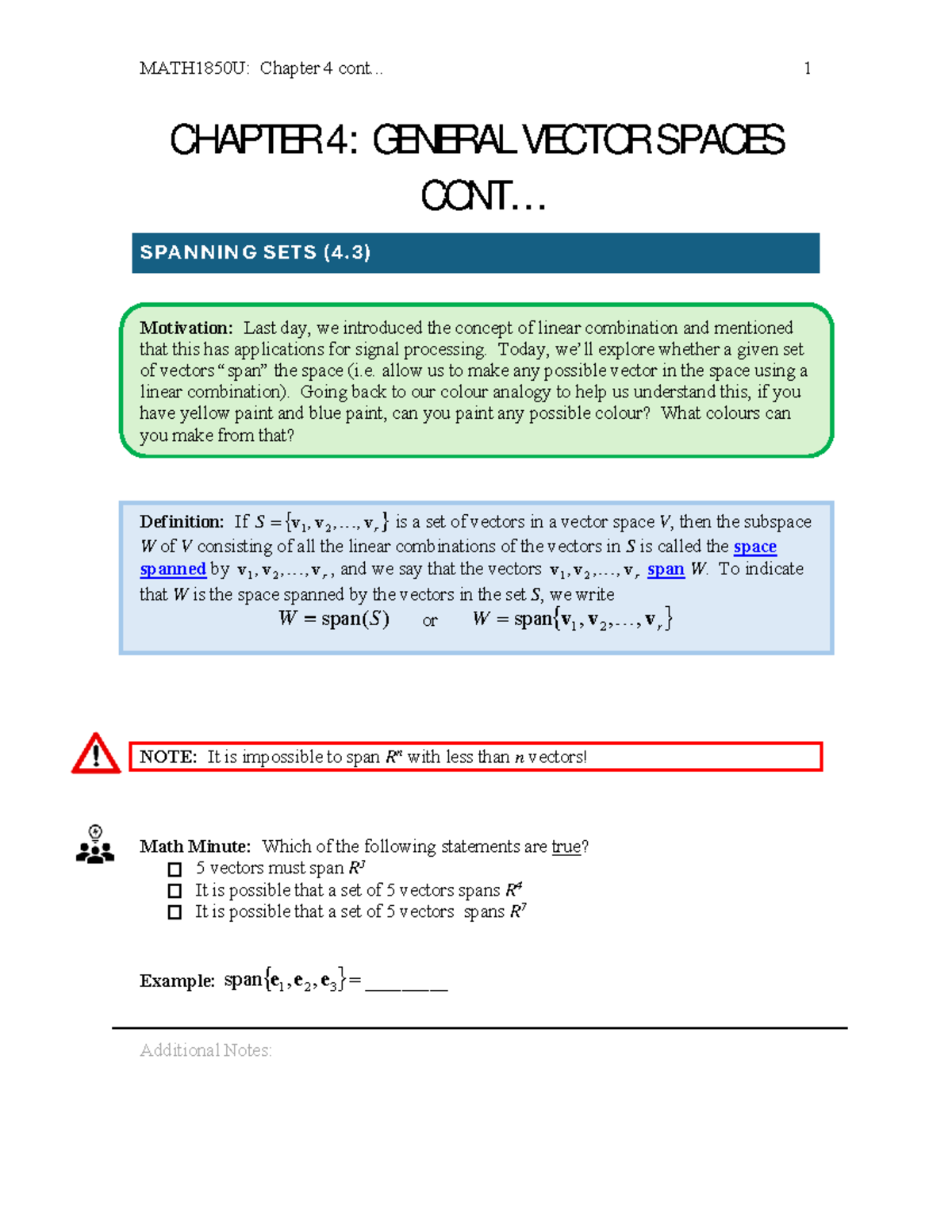 MATH1850U: Chapter 4 - General Vector Spaces & Linear Independence - Studocu
