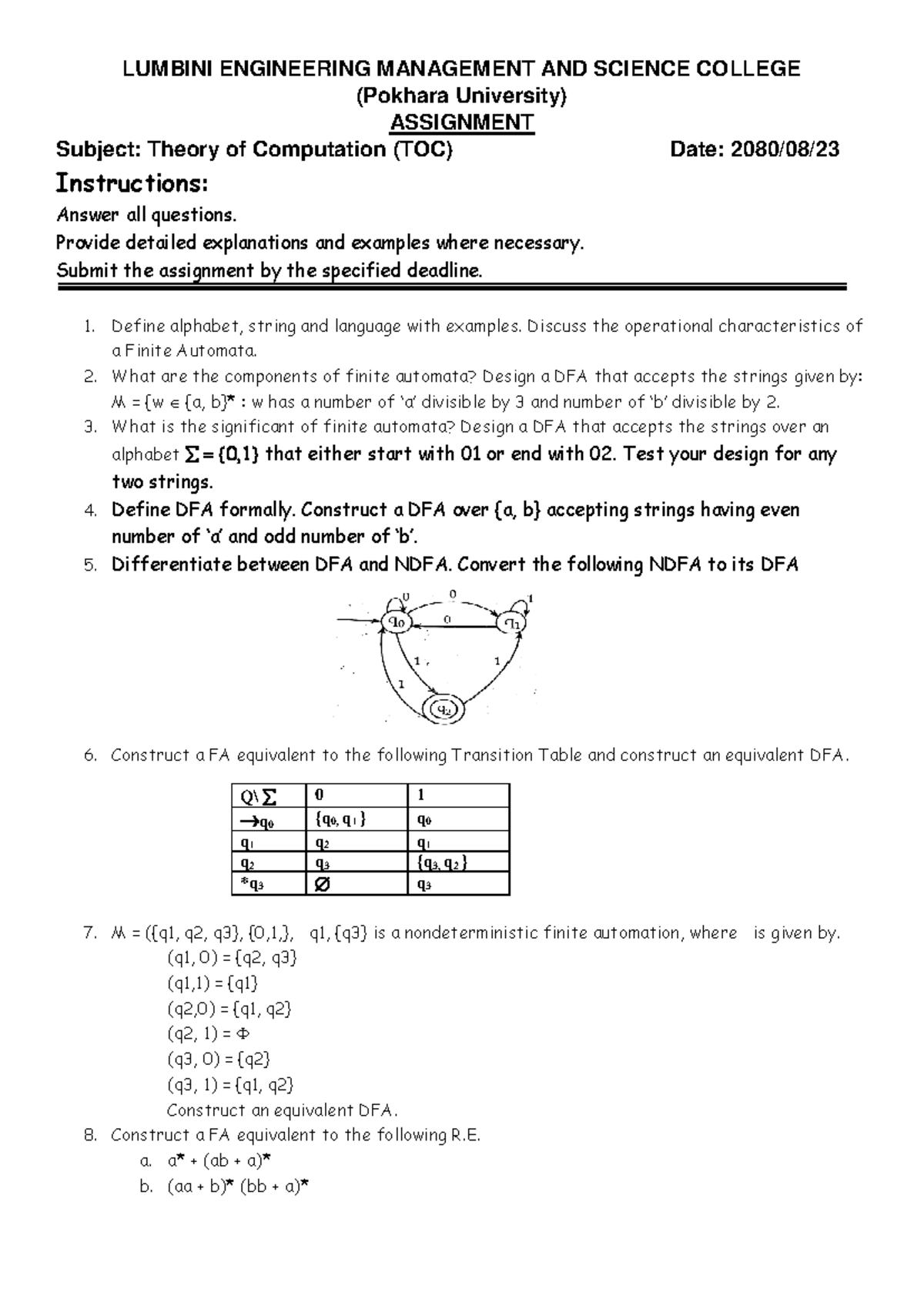 TOC Assignment: Key Concepts and Finite Automata Examples - Studocu