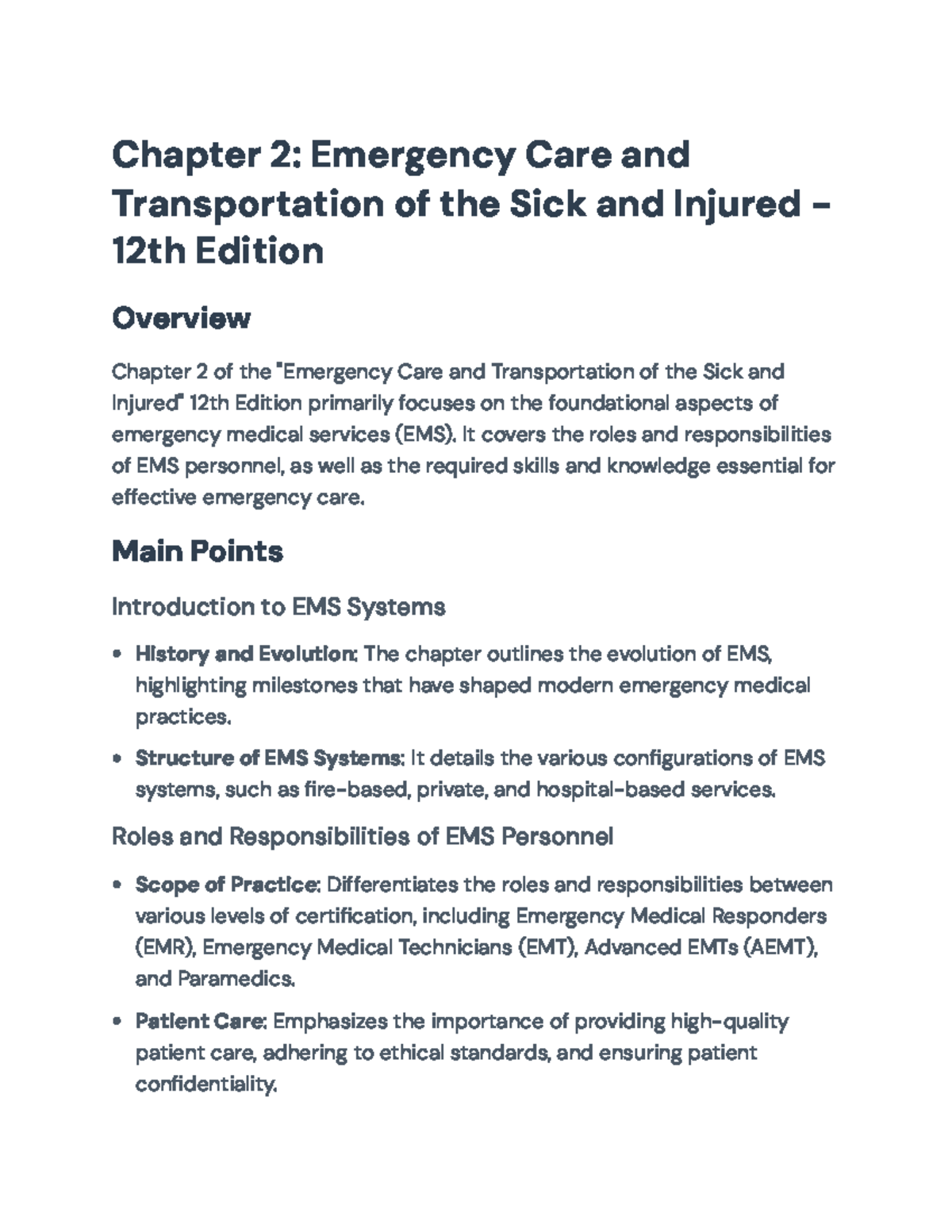 Chapter 2: Overview of EMS Systems & Patient Care (EMT 12th Ed) - Studocu