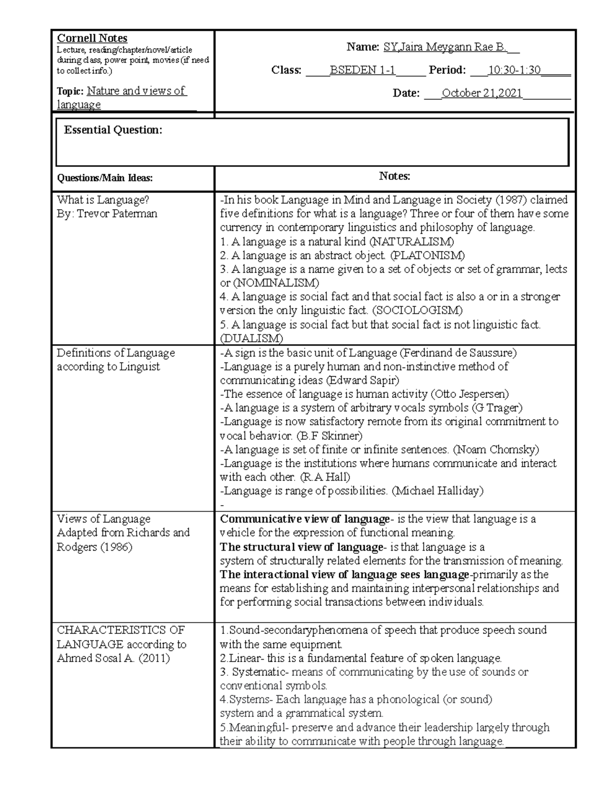 Cornell Notes BSEDEN 1-1: Language Perspectives and Characteristics ...
