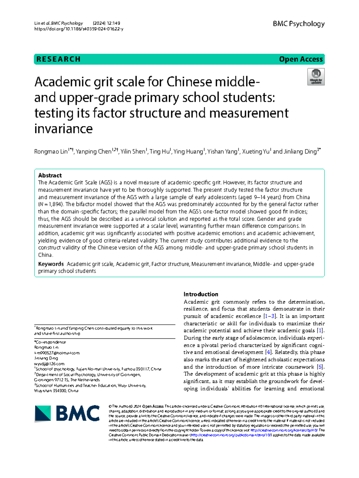 AGS-China: Exploring the Academic Grit Scale Factor Structure - Studocu