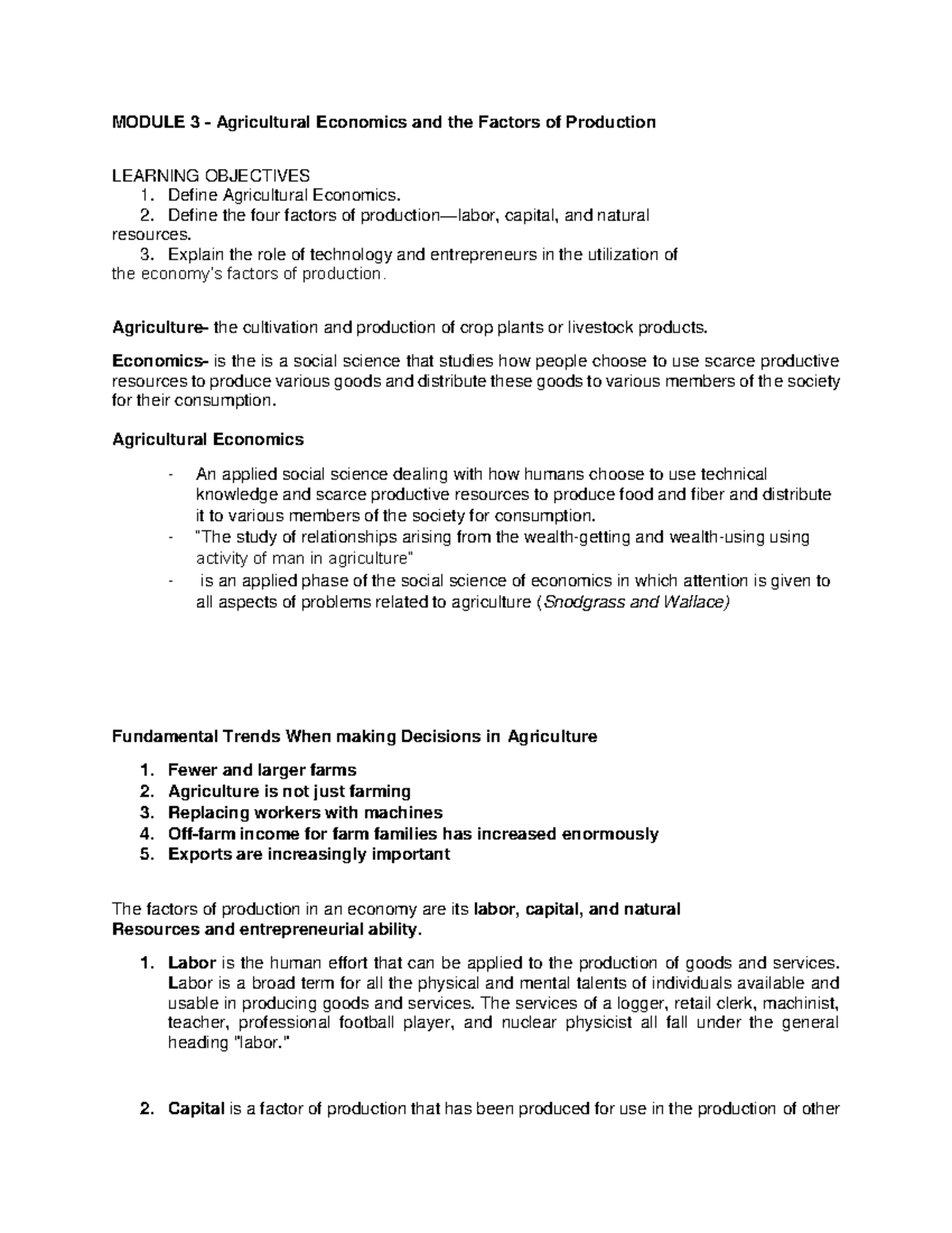 Module 3: Agricultural Economics & Factors of Production Overview - Studocu