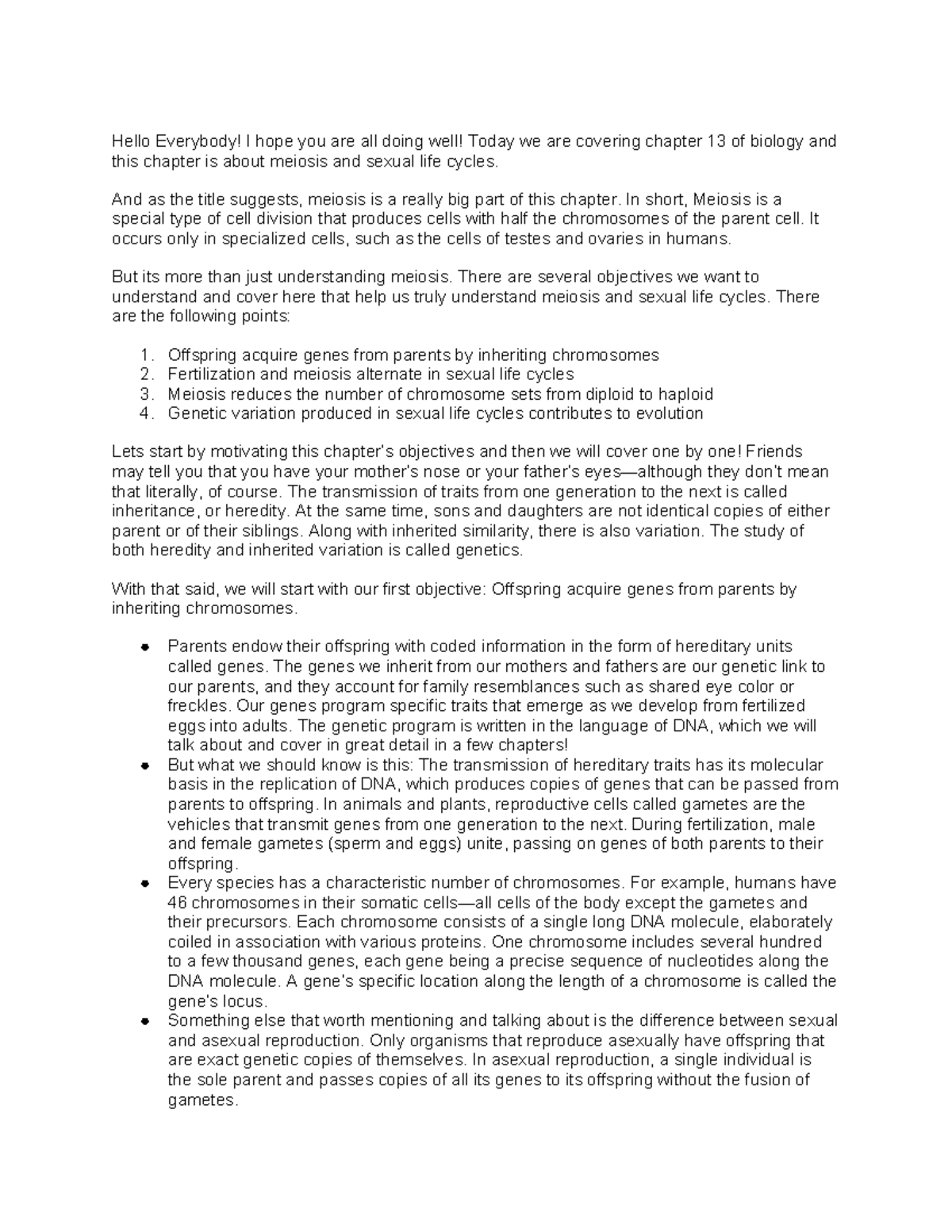 Biology Chapter 13: Meiosis and Sexual Life Cycles Overview - Hello ...