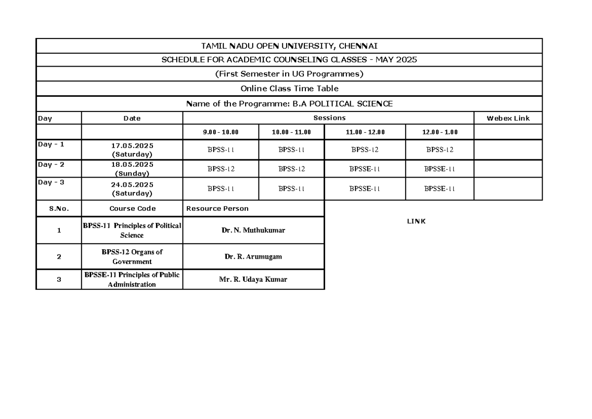 MAY 2025 - Academic Counseling Class Schedule for B.A. Political ...