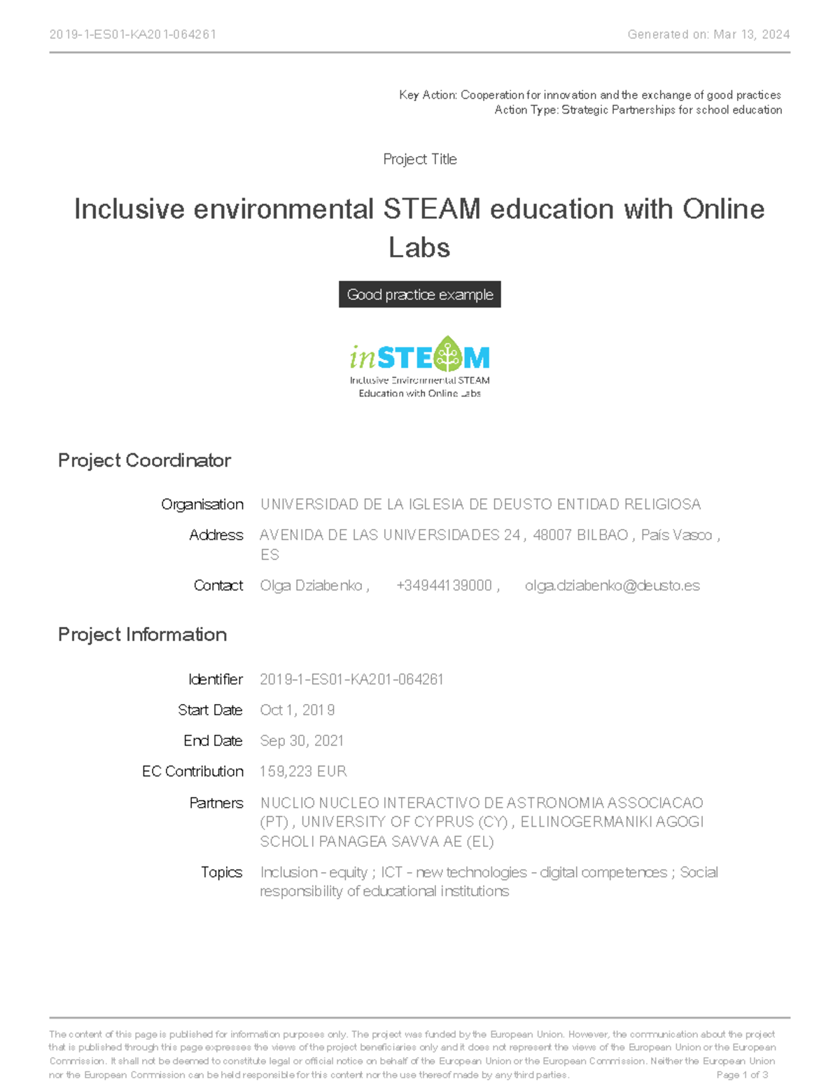 Inclusive Environmental STEAM Education Project 2019-1-ES01-KA201 ...