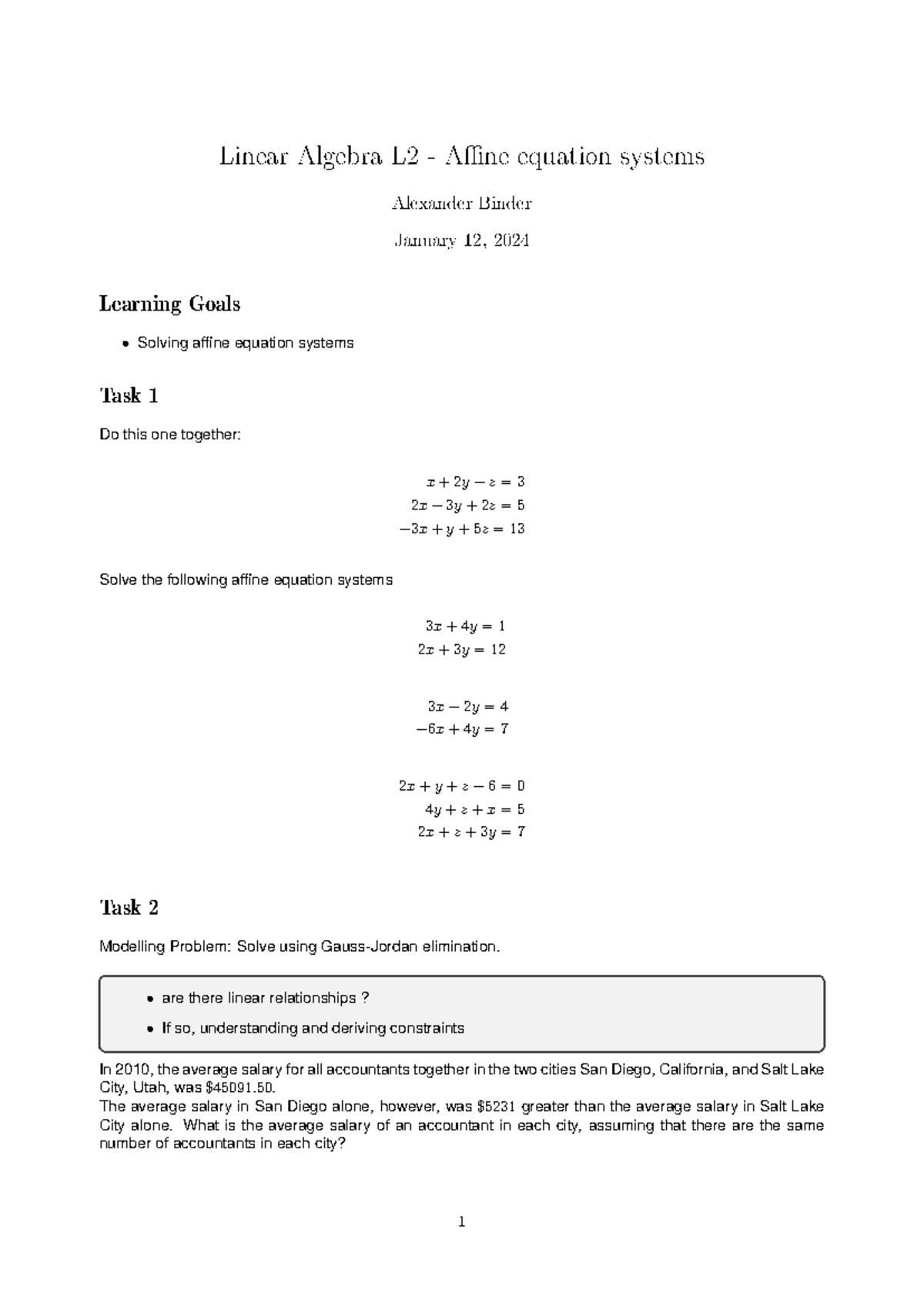 Linear Algebra L2: Week 2 Tutorial on Affine Equation Systems - Studocu
