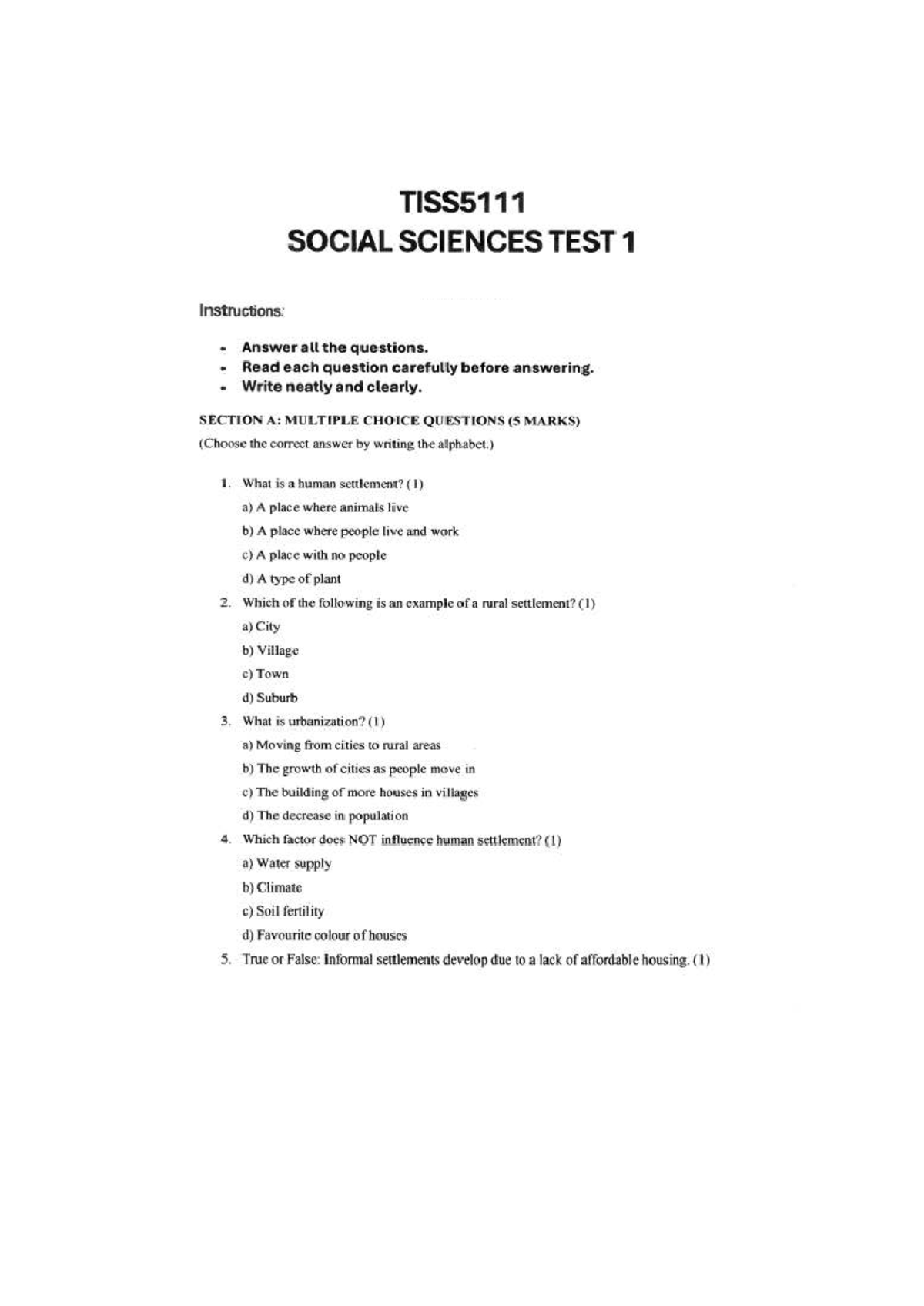 TISS5111 Social Sciences Test 1 - Studocu