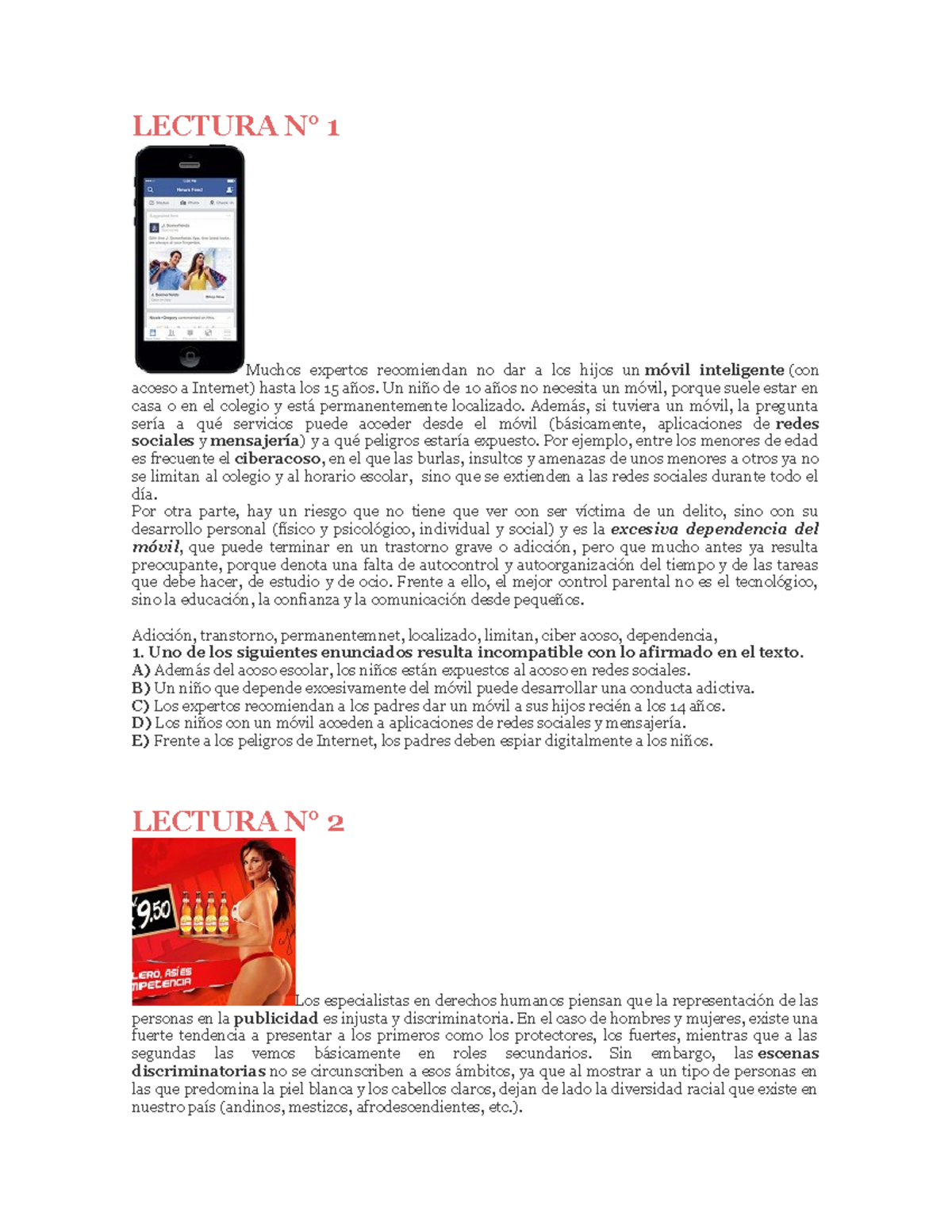 Lectura Adolecentes - LECTURA N° 1 Muchos expertos recomiendan no dar a ...