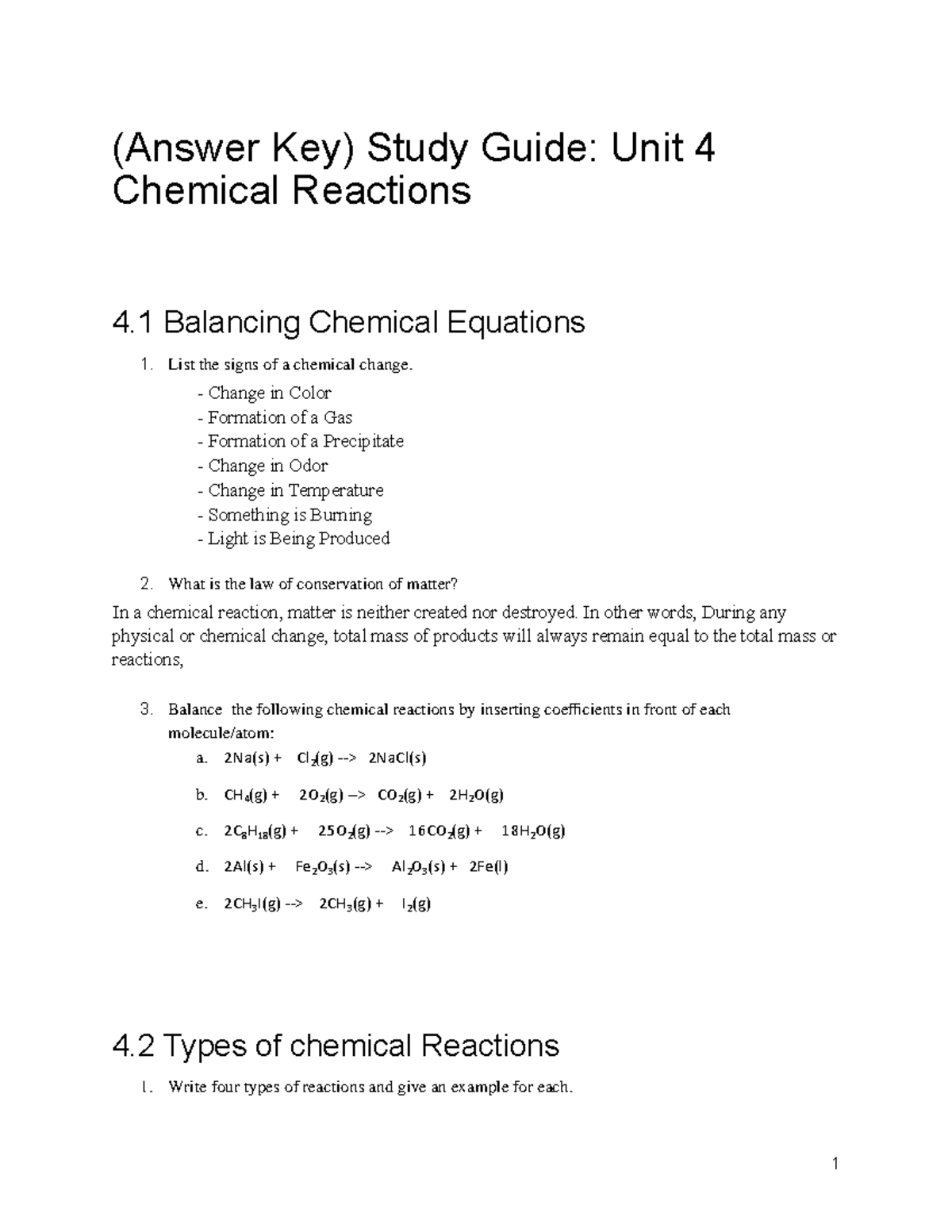 (Answer Key) Chem Study Guide Unit 4: Chemical Reactions Overview - Studocu
