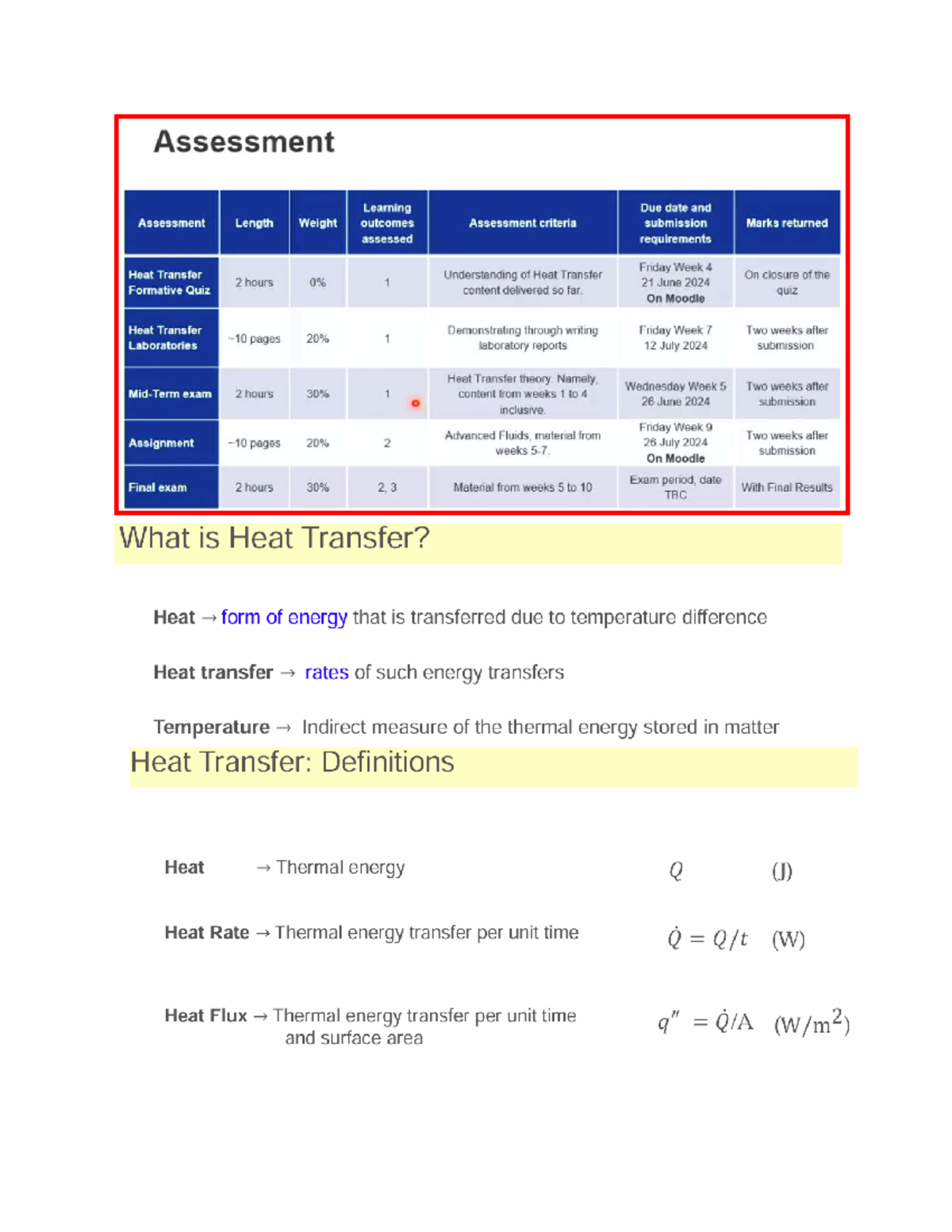 MECH3610 Heat Transfer: Assessment Overview and Key Concepts - Studocu