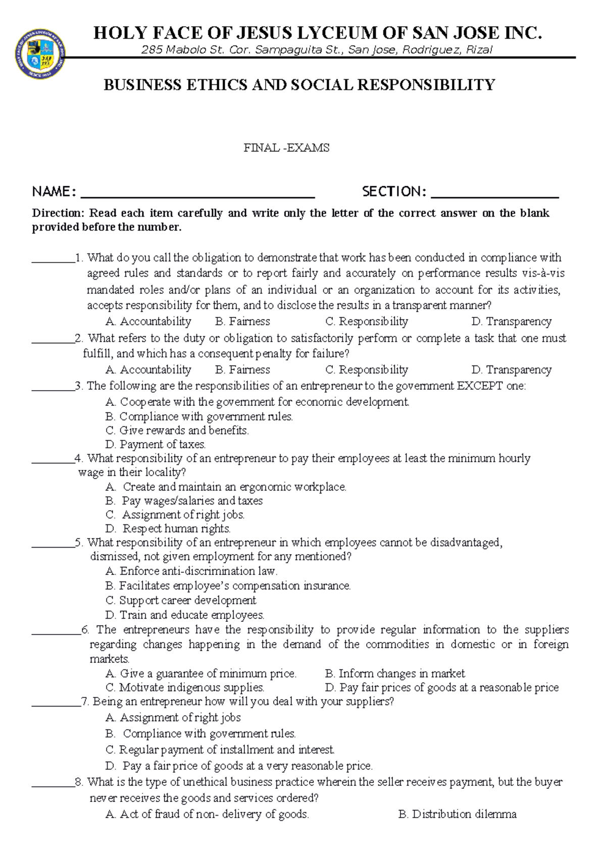 Business Ethics and Social Responsibility - Final Exam - BUS-Ethics-12 ...