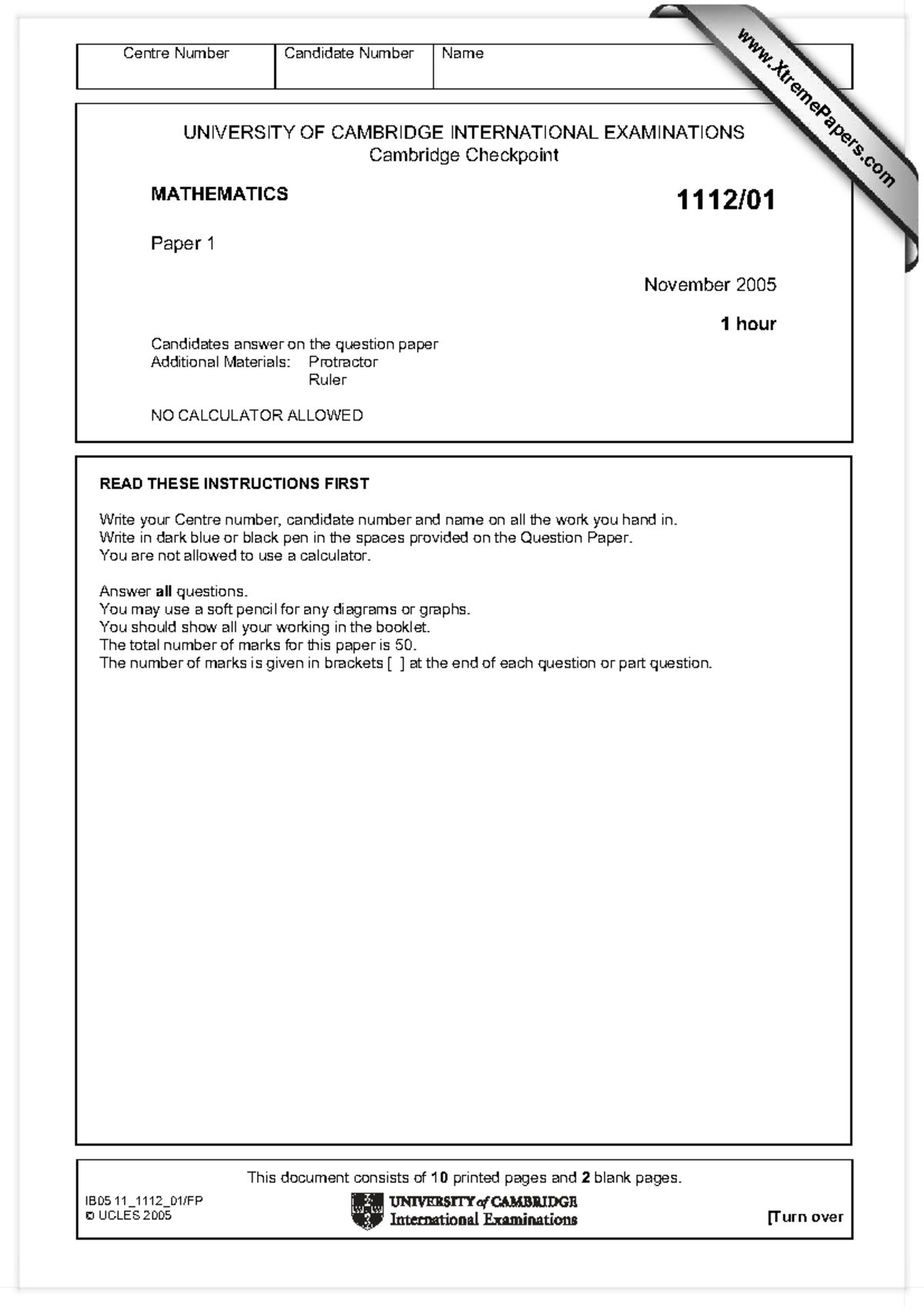 Mathematics Paper 1 - November 2005 (UCLES) Exam Notes - Studocu