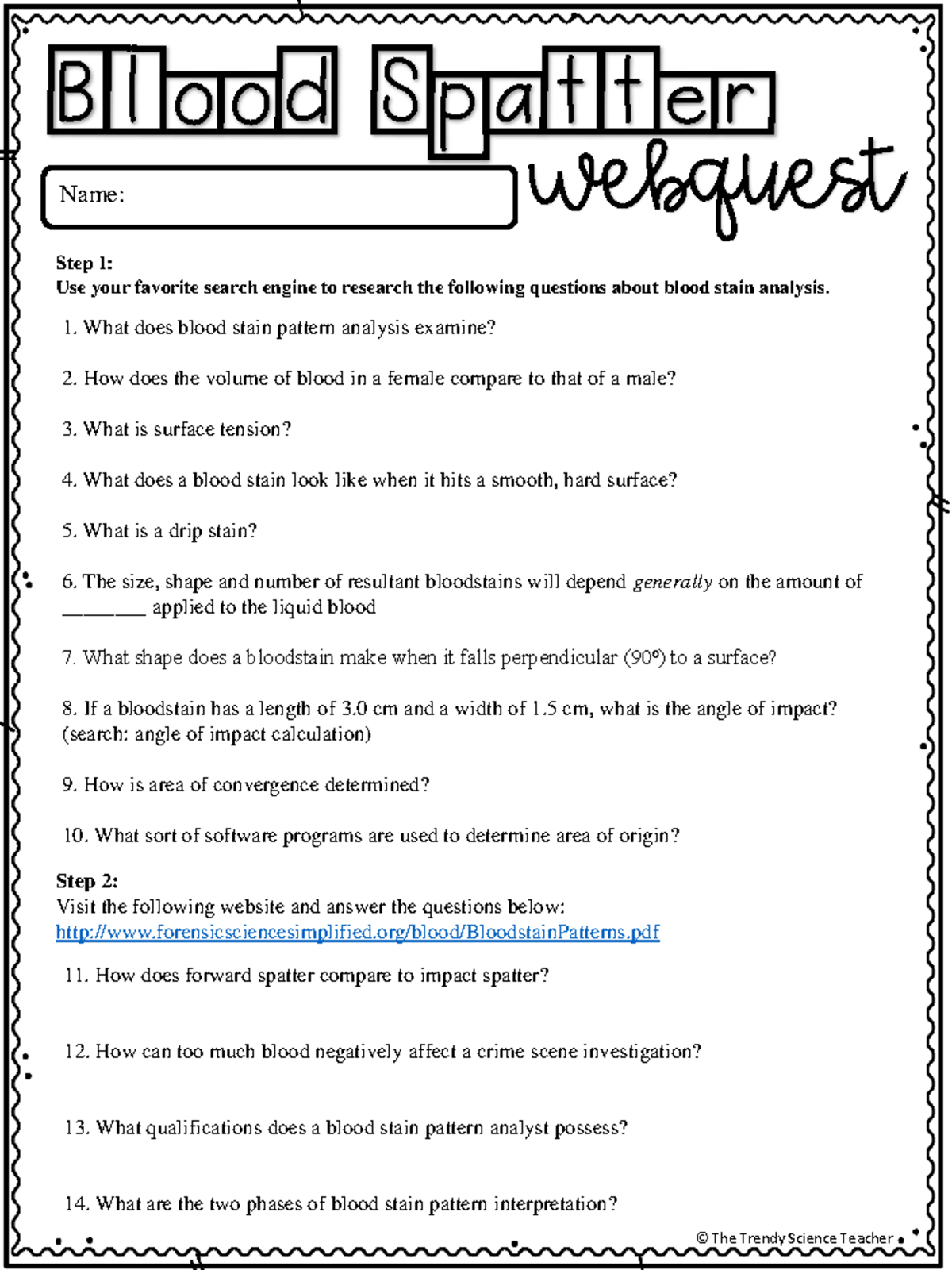 Blood Spatter Web Quest - © The Trendy Science Teacher Blood Spatter ...