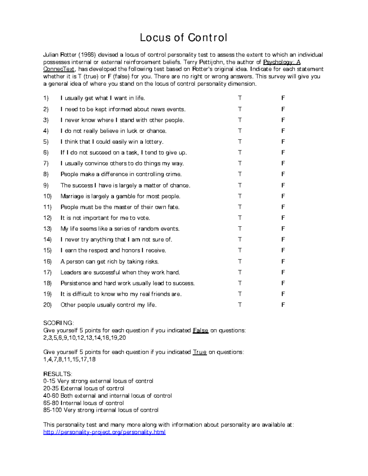 Rotter's scale to understand locus pf control - Locus of Control Julian ...