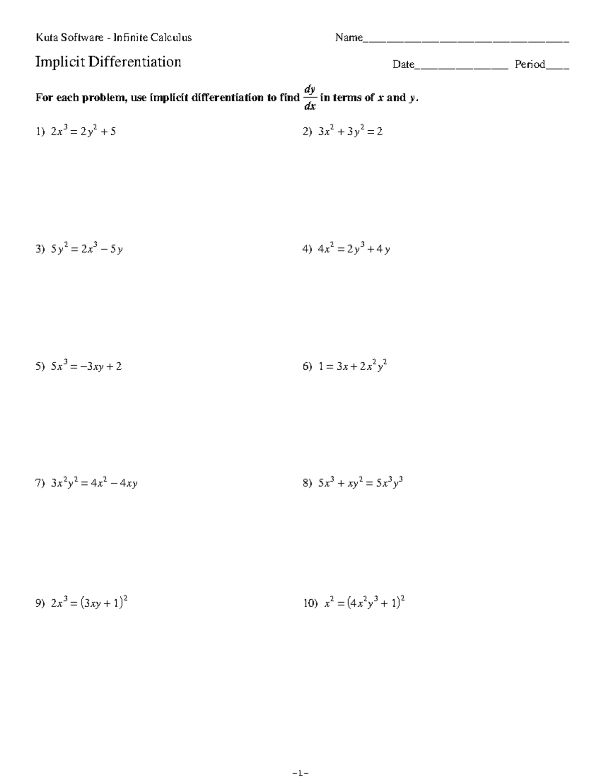 Implicit Differentiation Worksheet - Kuta Software Infinite Calculus ...