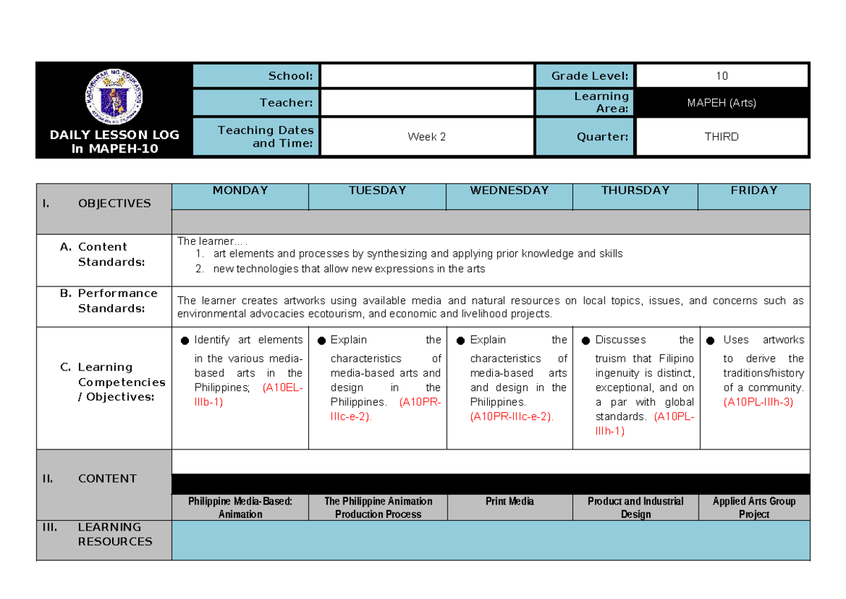Q3 DLL-ARTS10-Week2: MAPEH Lesson Plan on Philippine Animation - Studocu