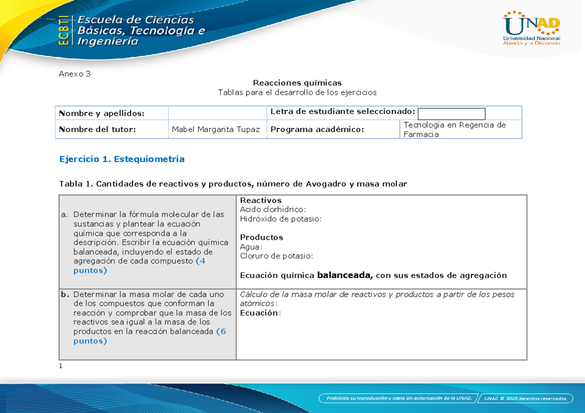 Anexo 3 - Unidad 3 - Tarea 4 - Reacciones Químicas - Anexo 3 Reacciones ...