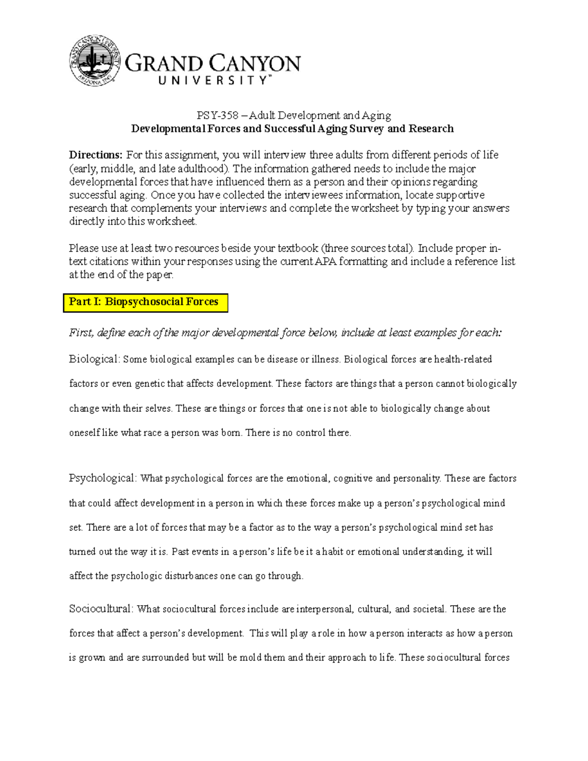 PSY-358: Developmental Forces & Successful Aging Insights Survey - Studocu