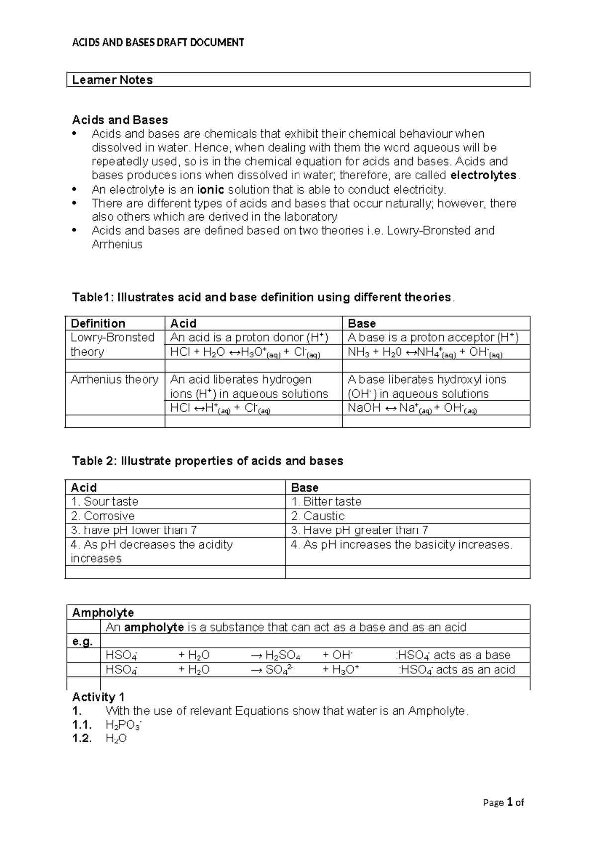 Edited Acids and Bases - Learner Notes on Theory and Practice - Studocu