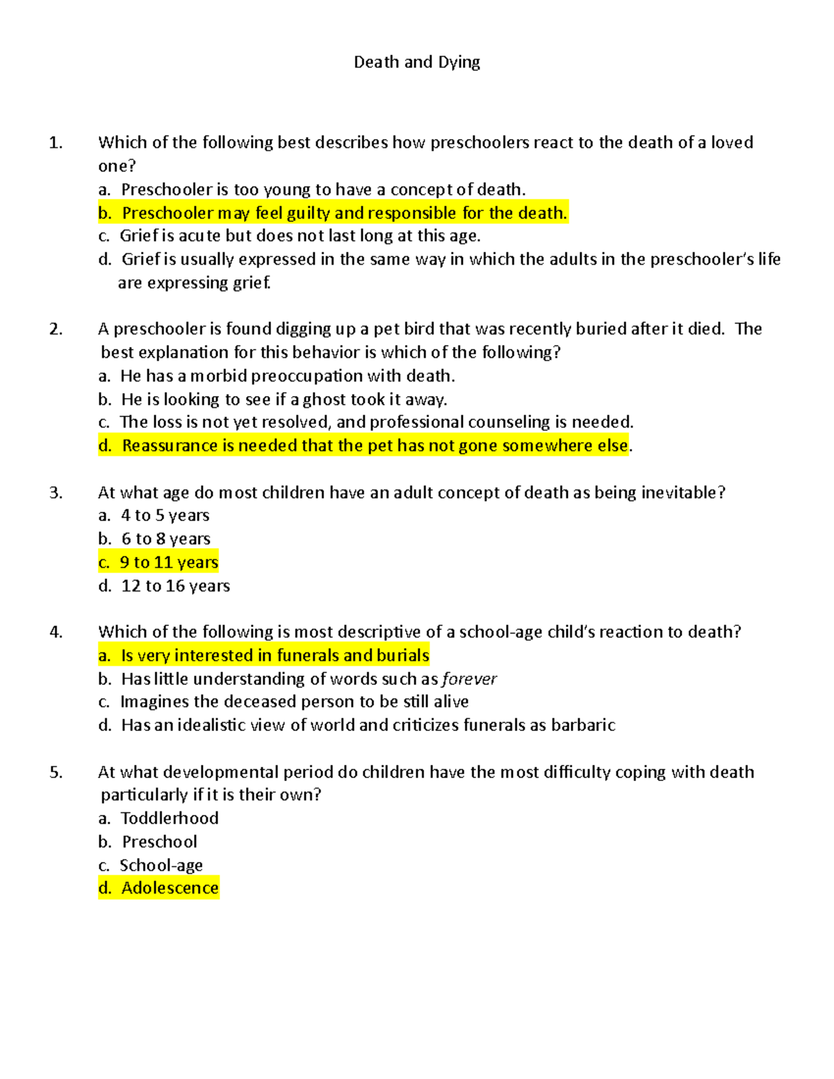 Death and Dying Quiz - Answer Key - Death and Dying Which of the ...