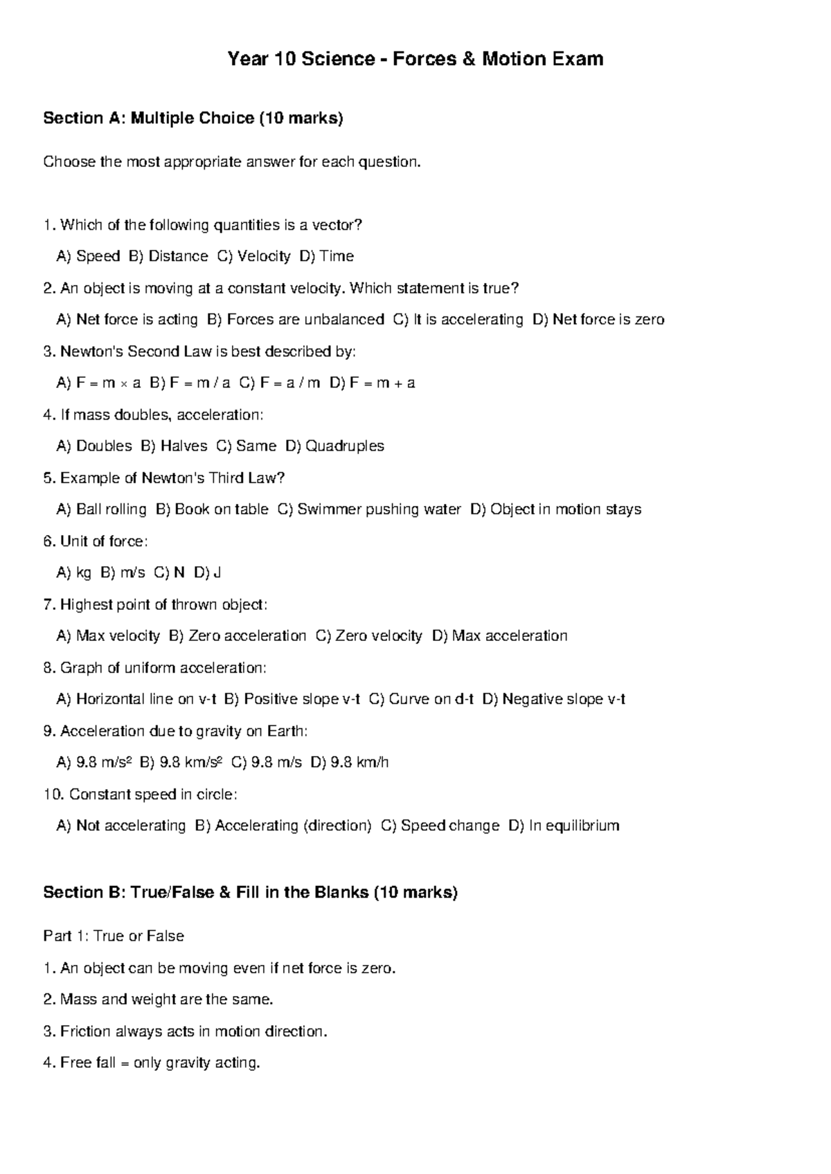 Year 10 Science Forces & Motion Exam: Multiple Choice & Short Answer ...
