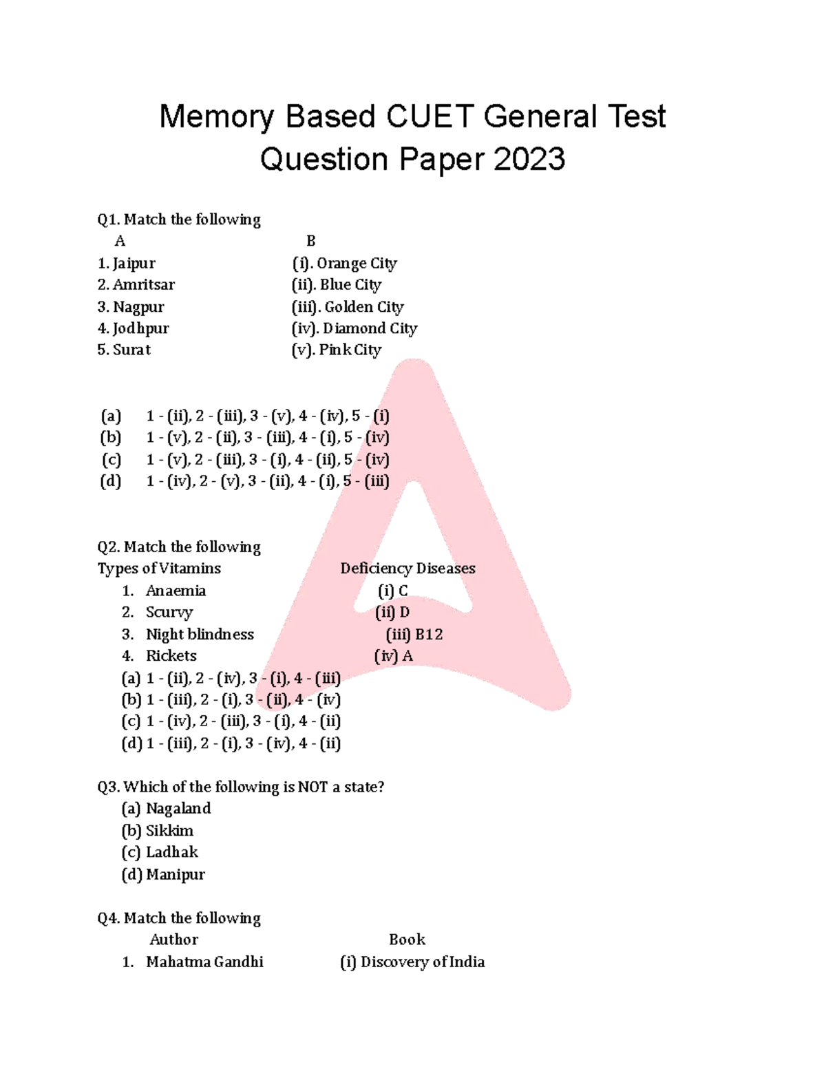 Memory Based CUET General Test Question Paper 2023: Q&A Guide - Studocu