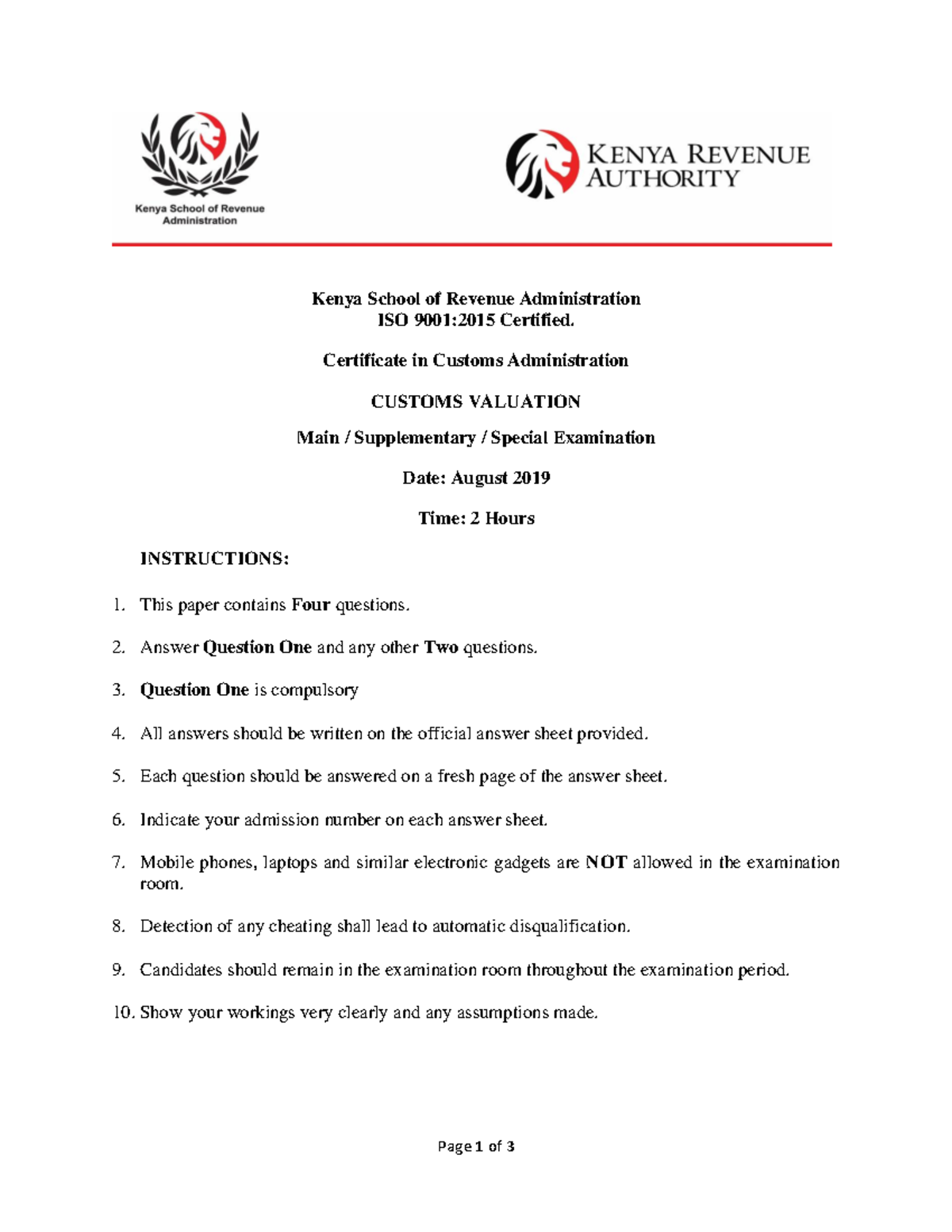 Cert Customs valuation 2019 - Page 1 of 3 Kenya School of Revenue ...