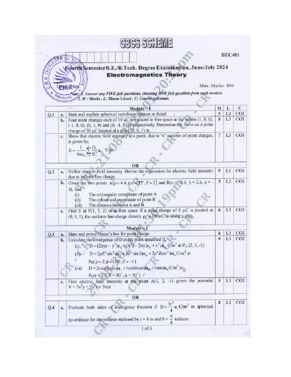 VTU exam Question Paper with Solution of BEC401 Electromagnetics Theory ...