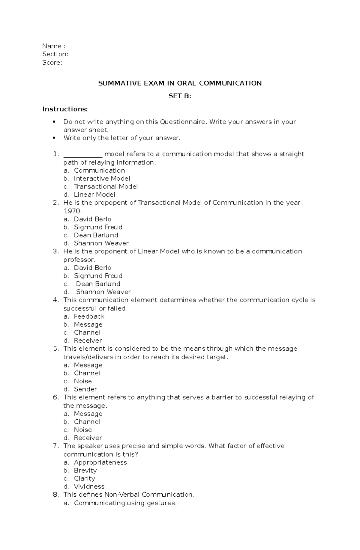 Summative Exam A Brief Test To Measure Your Knowledge Name