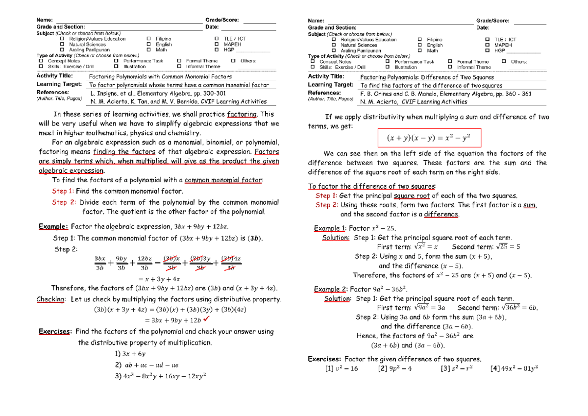 M8 Q1 Intervention- Material-1 - Name: Name: Grade and Section: Date ...